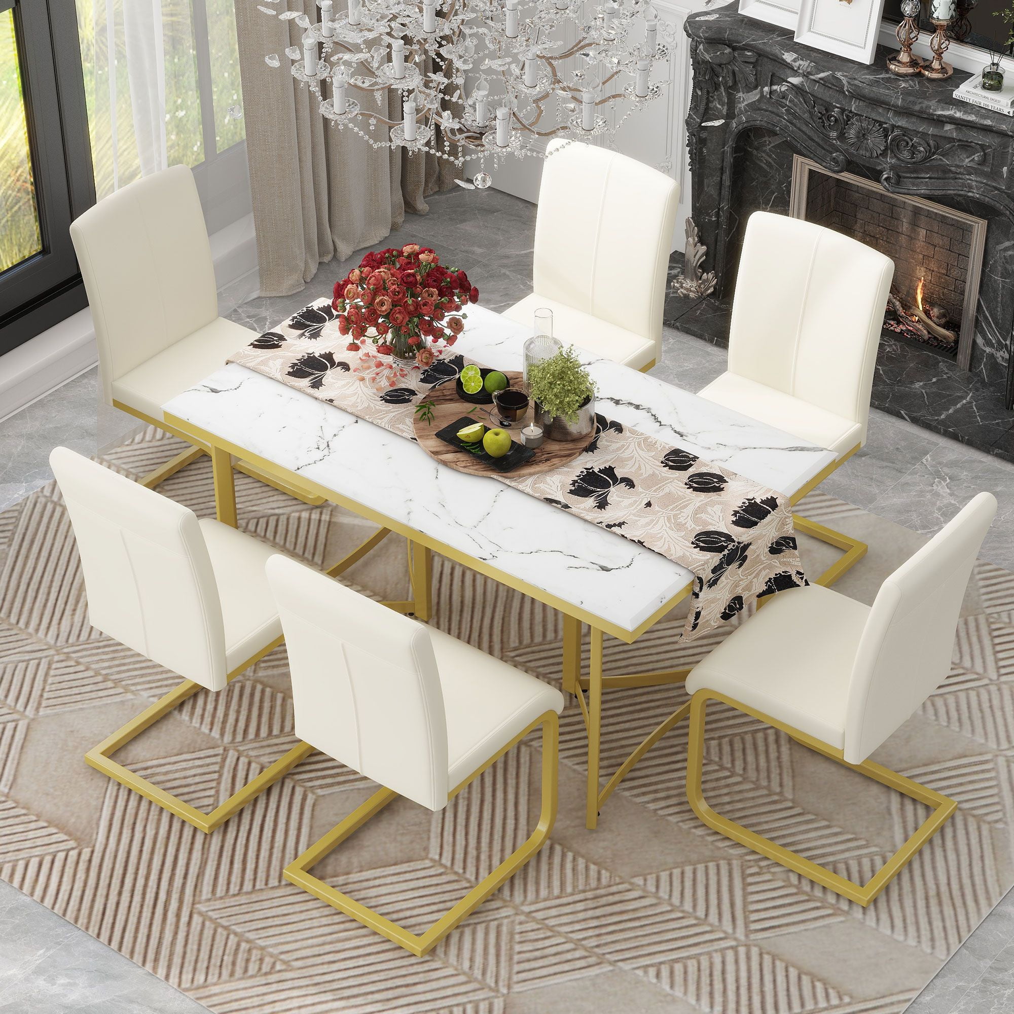 Modern Dining Table Set with Rectangular Marble Sticker Table and 6 PU ...