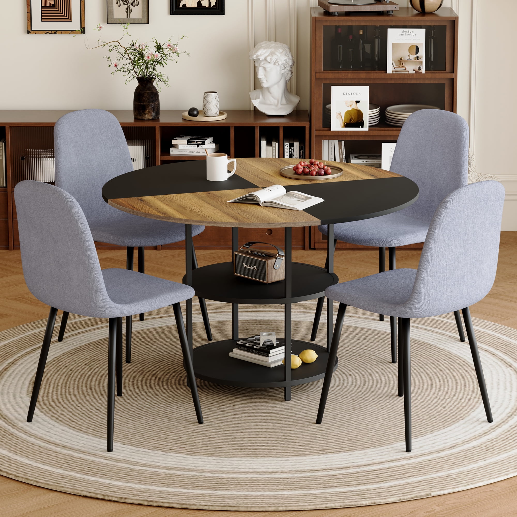 Modern Dining Table Set for 4 - 47.3" Round Wood Table w/ Storage & 4 ...