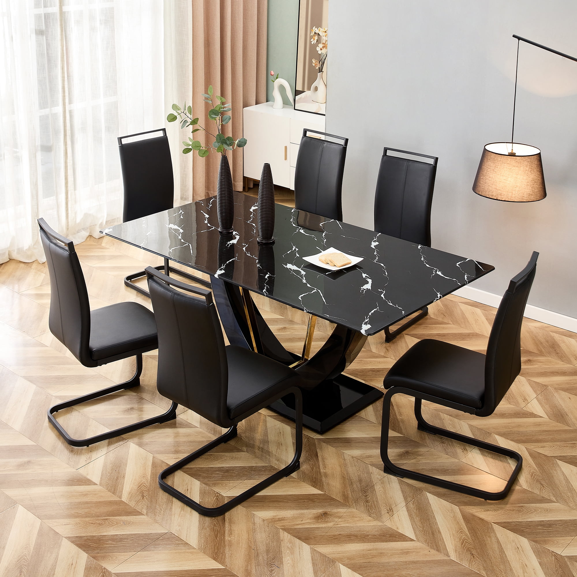 Modern Dining Table Set with Patterned Glass Top and Soft Chairs for ...