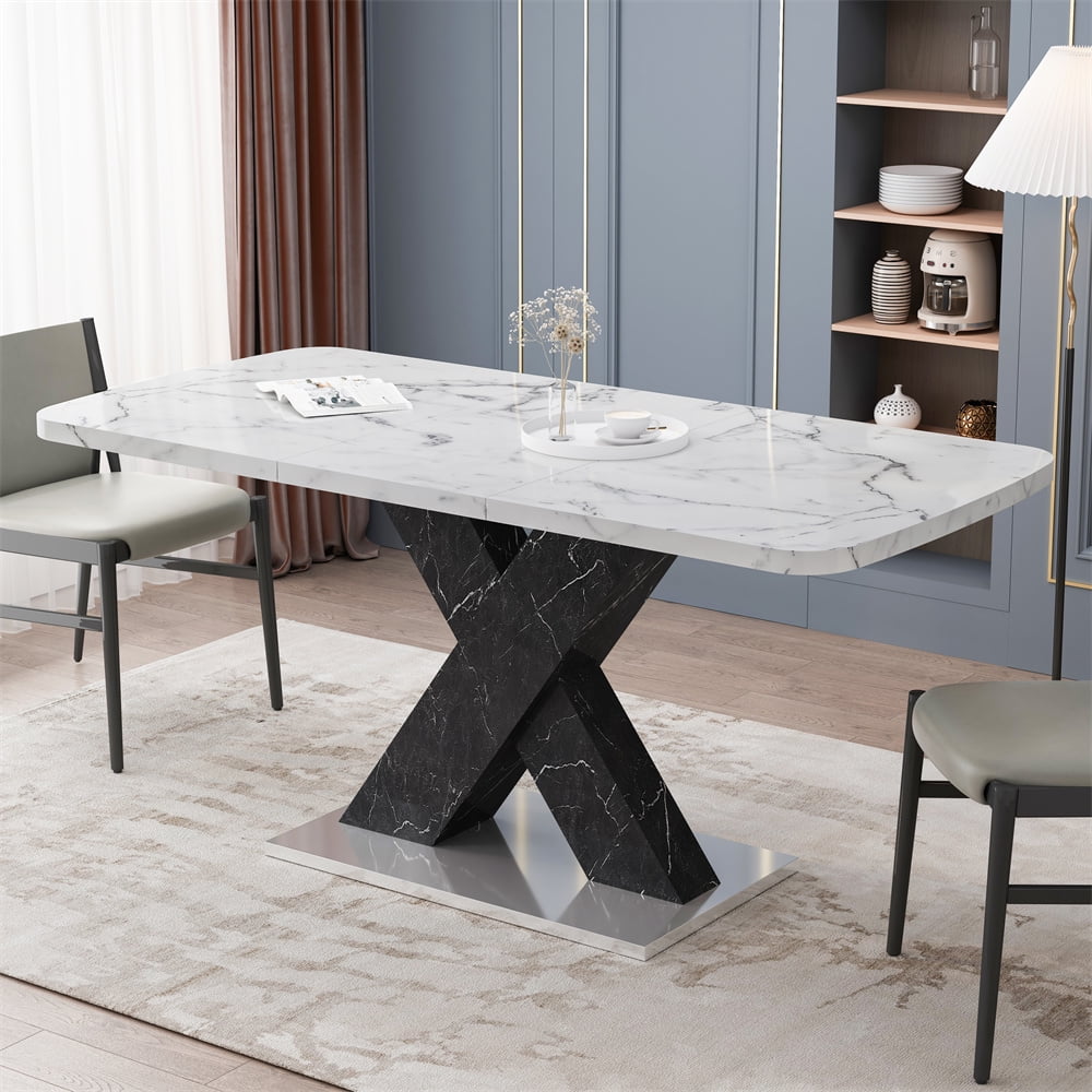 Modern Dining Table With X-Shape Leg Printed White Marble Tabletop ...