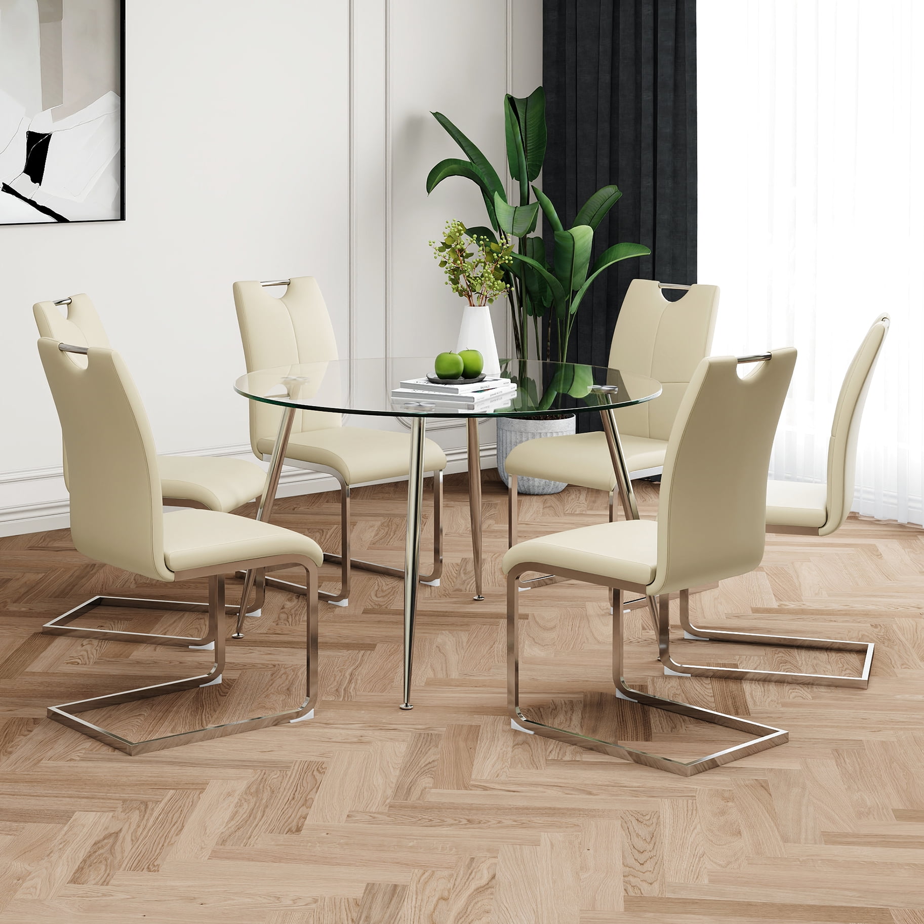 Modern Dining Table With Yellow Pu Chairs And Round Glass Top ...