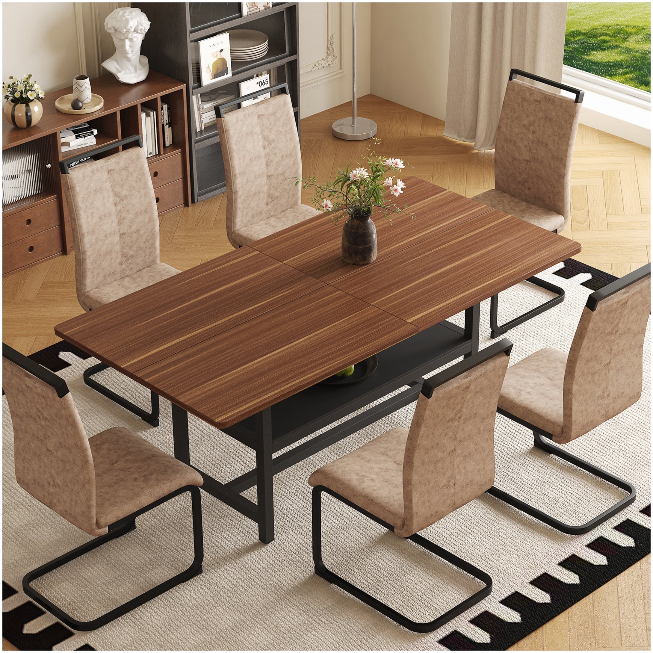 Modern Dining Table and Chairs Set for 6, Brown Fabric Seat Chairs with ...