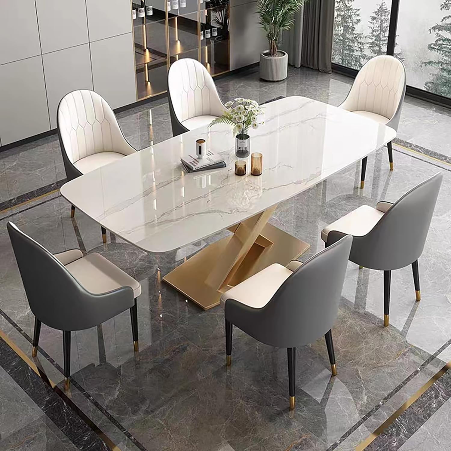 Modern Dining Table for 4-6, White Sintered Stone Dining Tabletop with ...