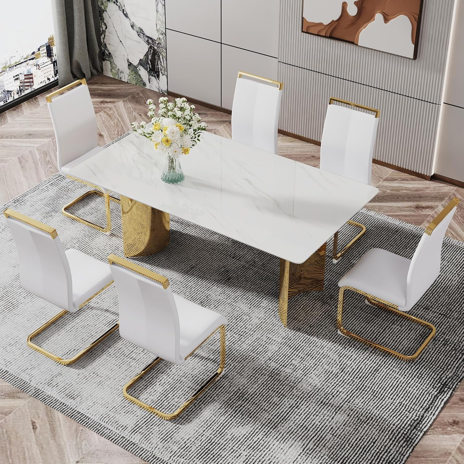 Modern Dining Table for 6, White Marble Texture with Gold Stainless ...