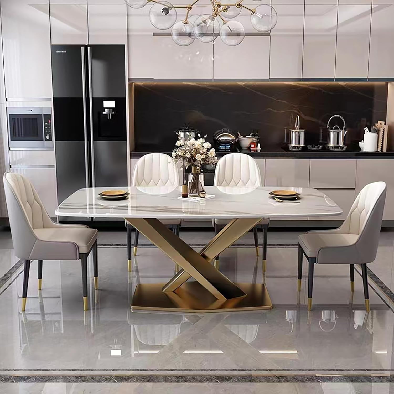 Modern Dining Table for 6, White Sintered Stone Dining Tabletop with ...