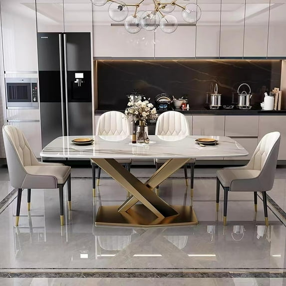 Modern Dining Table for 6, White Sintered Stone Dining Tabletop with Black X-Shape Metal Base ...
