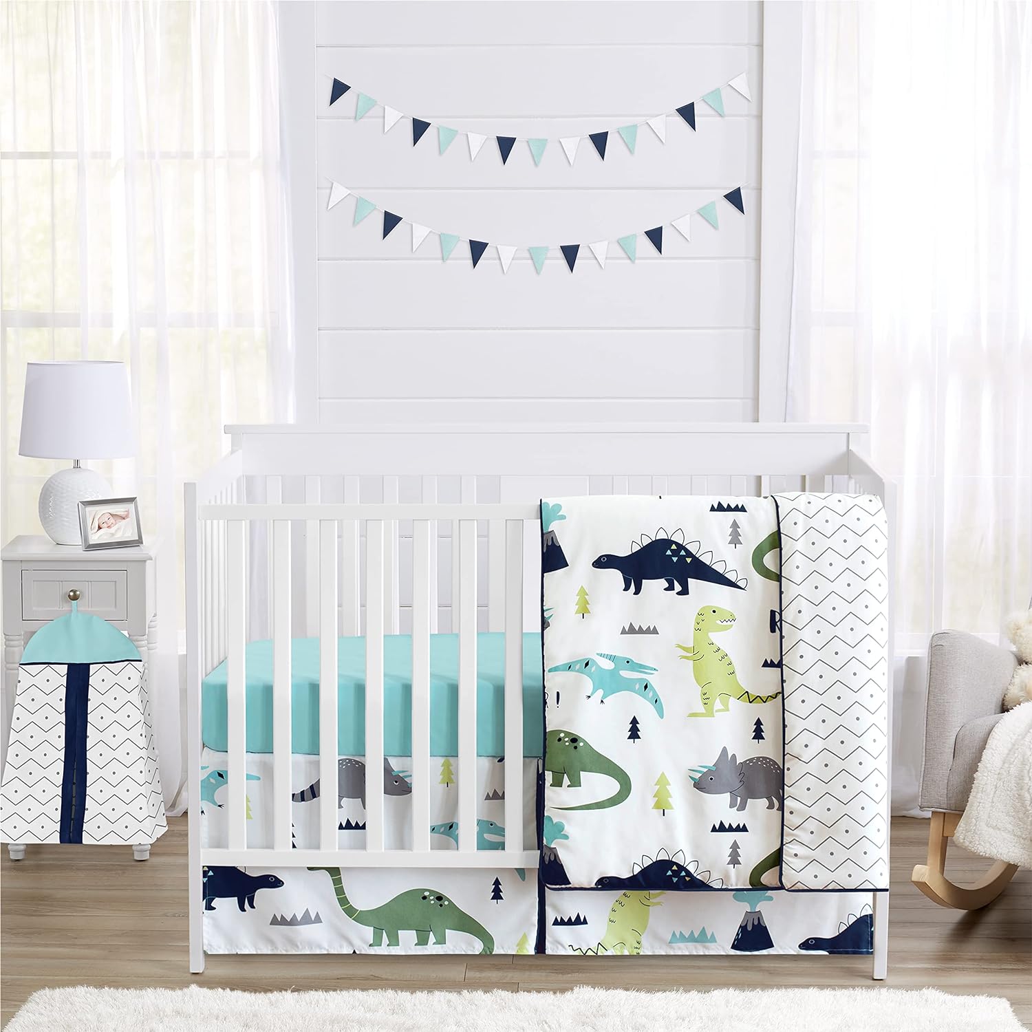 Modern Dinosaur 4 Piece Crib Bedding Set - Navy Blue and Green - Boys ...