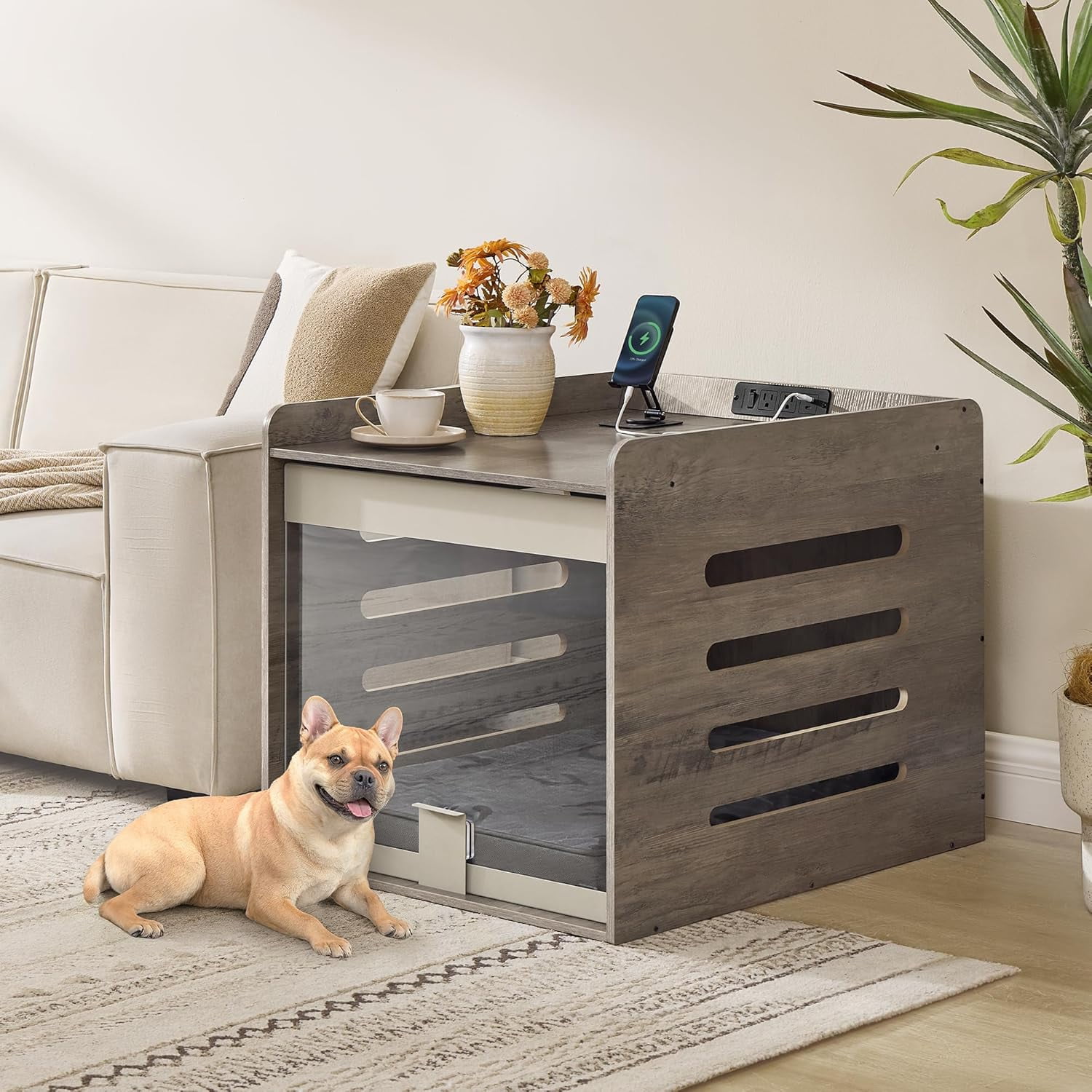 Modern Dog Crate Furniture with Charging Station, Kennel Indoor with ...
