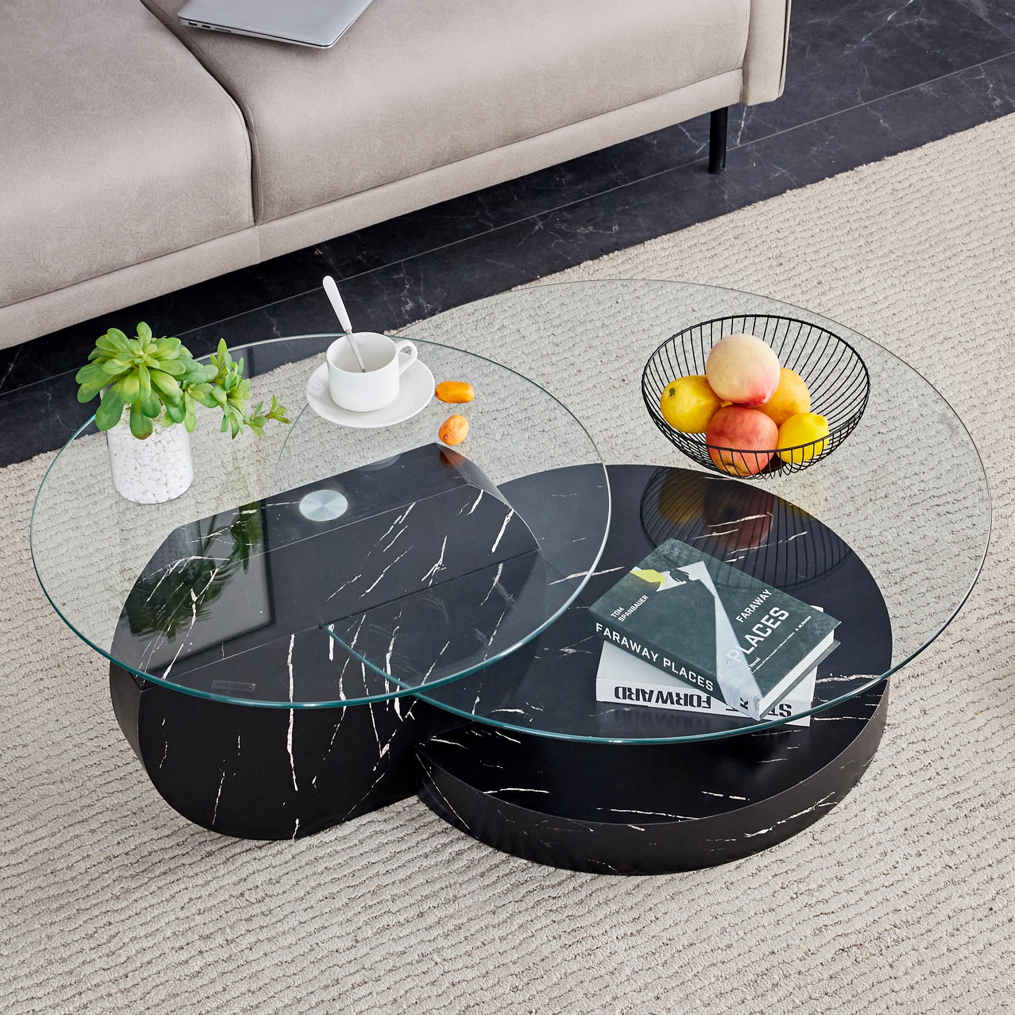 Modern Double Layer Round Glass Cofee Table for Small Space Home Office ...