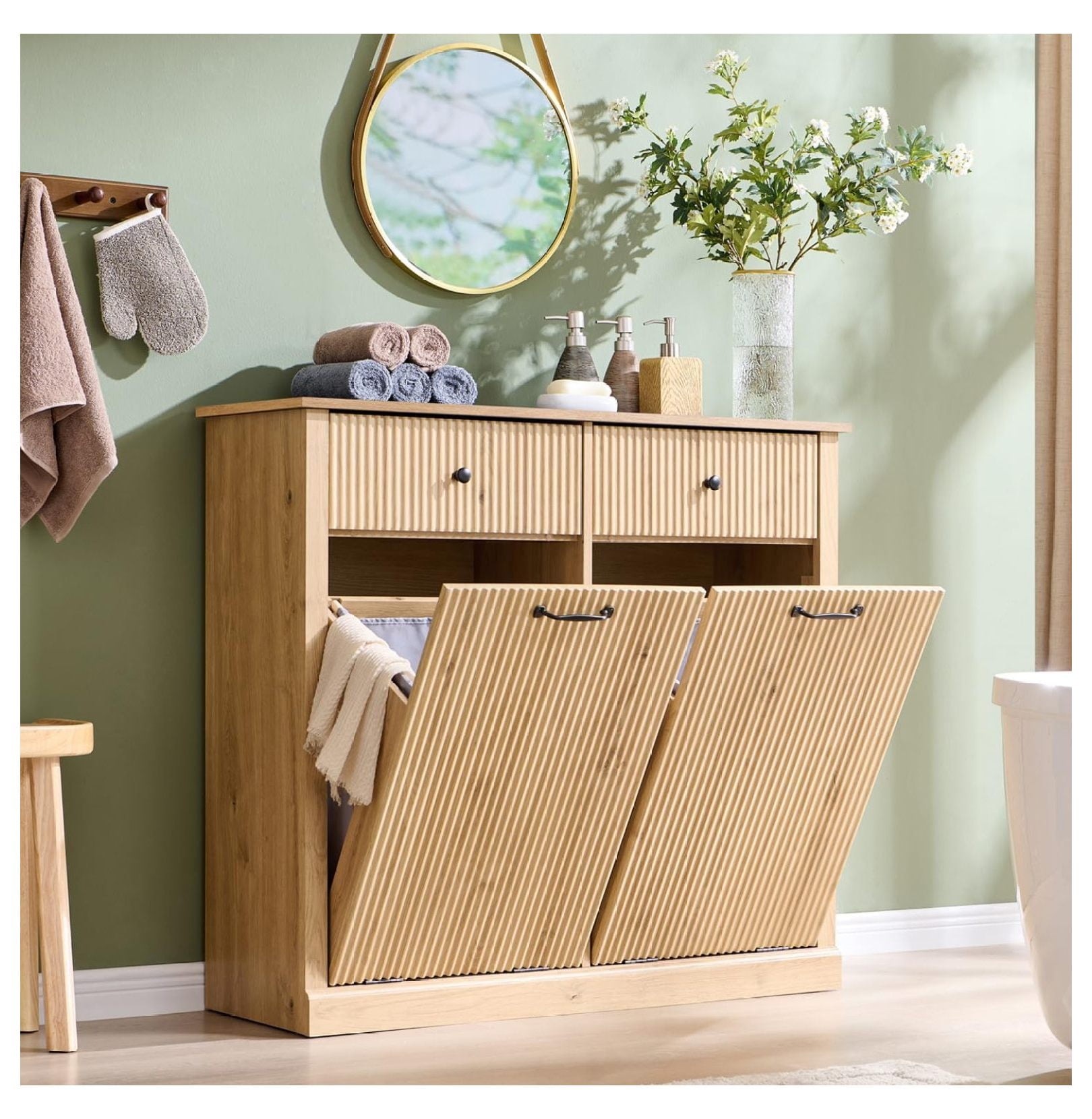 Modern Double Tilt-Out Laundry Hamper Cabinet, 20 Gallon Fluted Trash ...