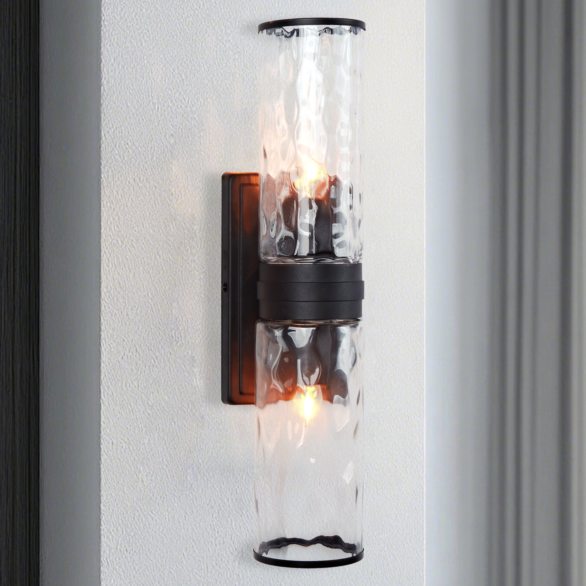 Modern Double Tube Hammered Glass Shade Sconce with Black Metal, Rich ...