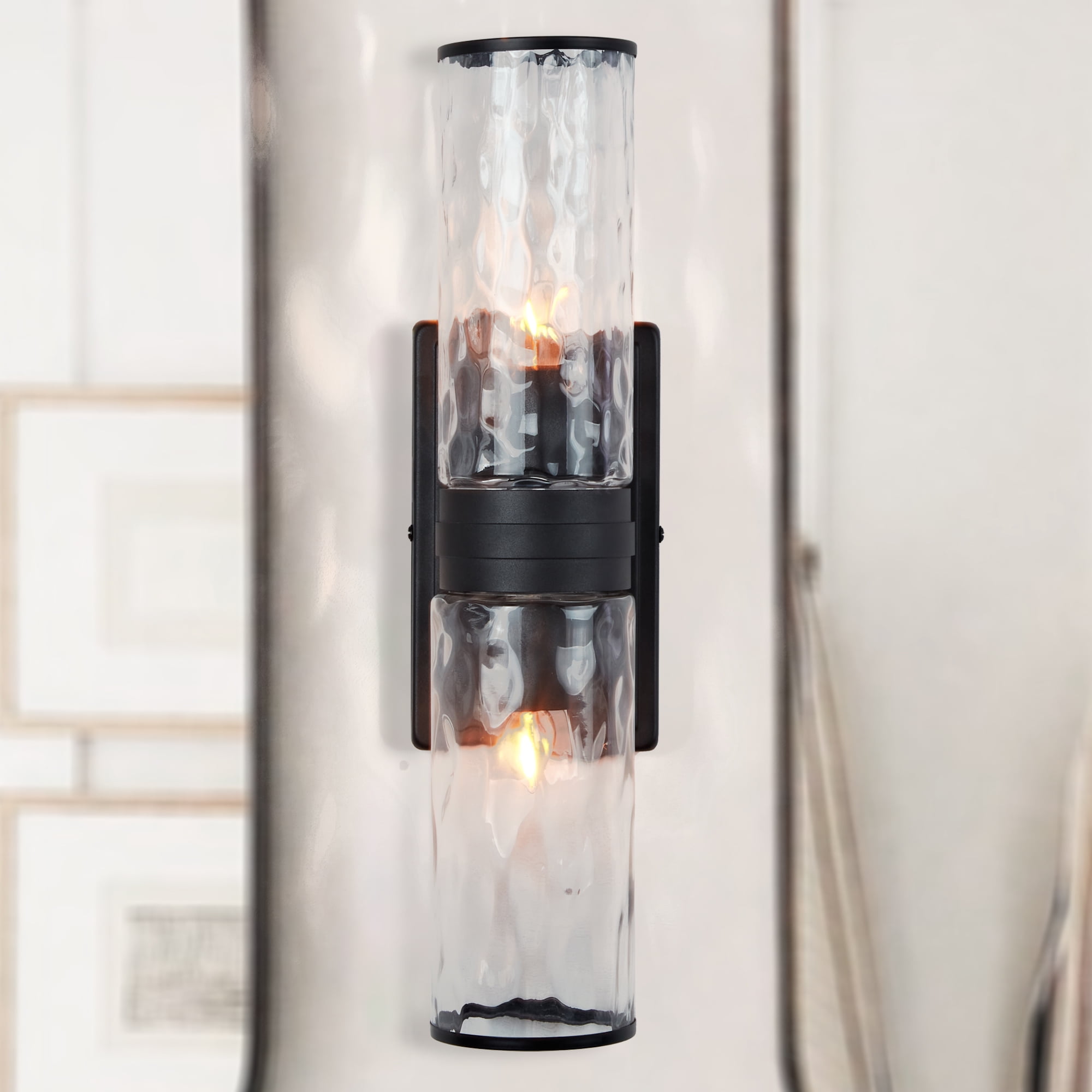 Modern Double Tube Hammered Glass Shade Sconce with Black Metal, Rich ...