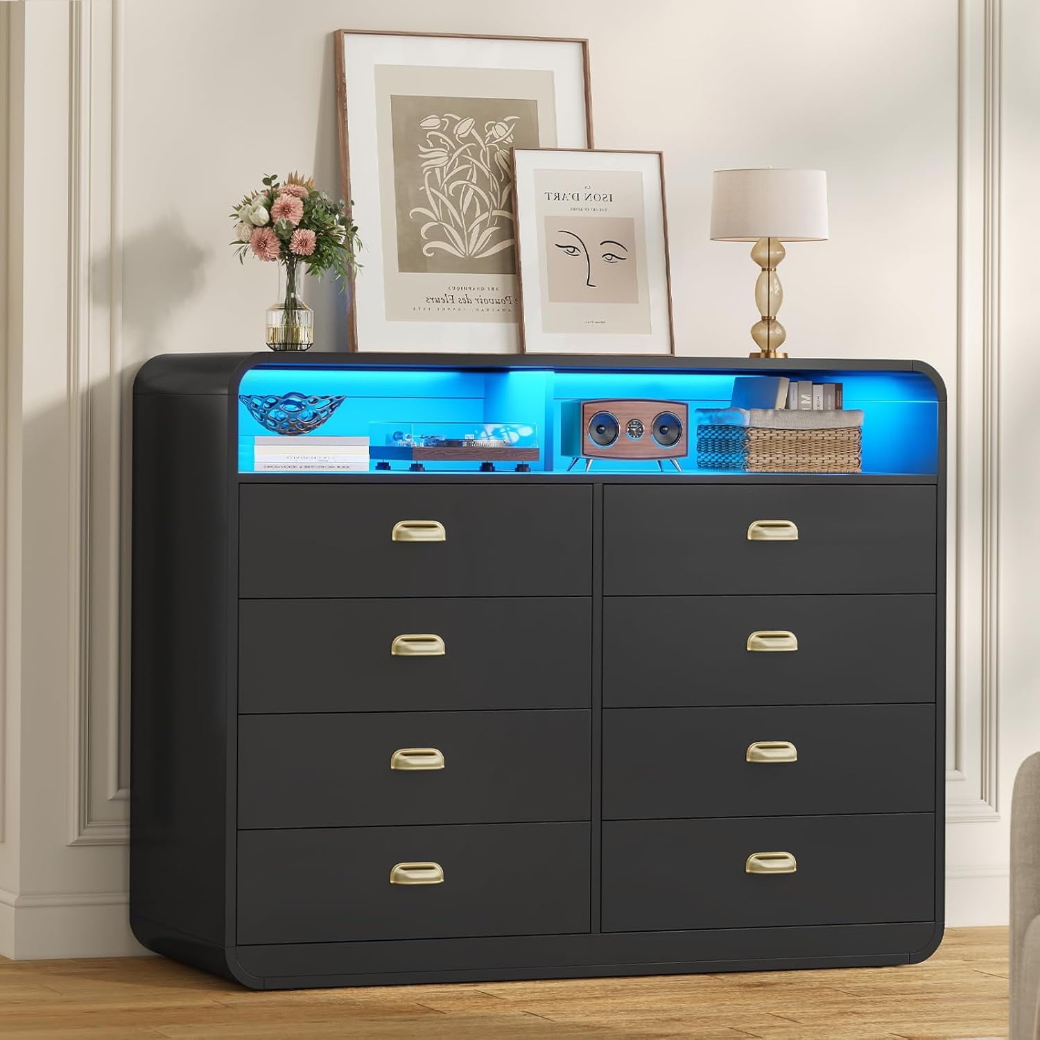 Modern Dresser, 8 Wood Storage Chest, 2 Open Storage Shelf with RGB LED ...