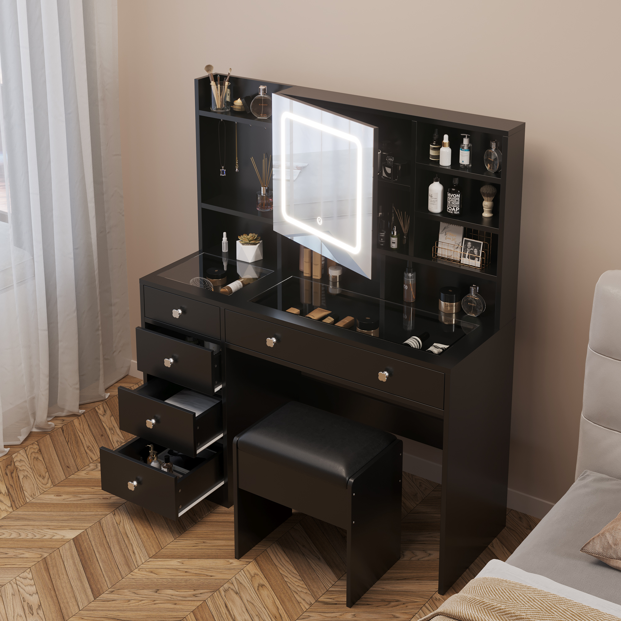 Modern Dressing Table Set with Cushioned Stool, Wood Vanity Desk with ...