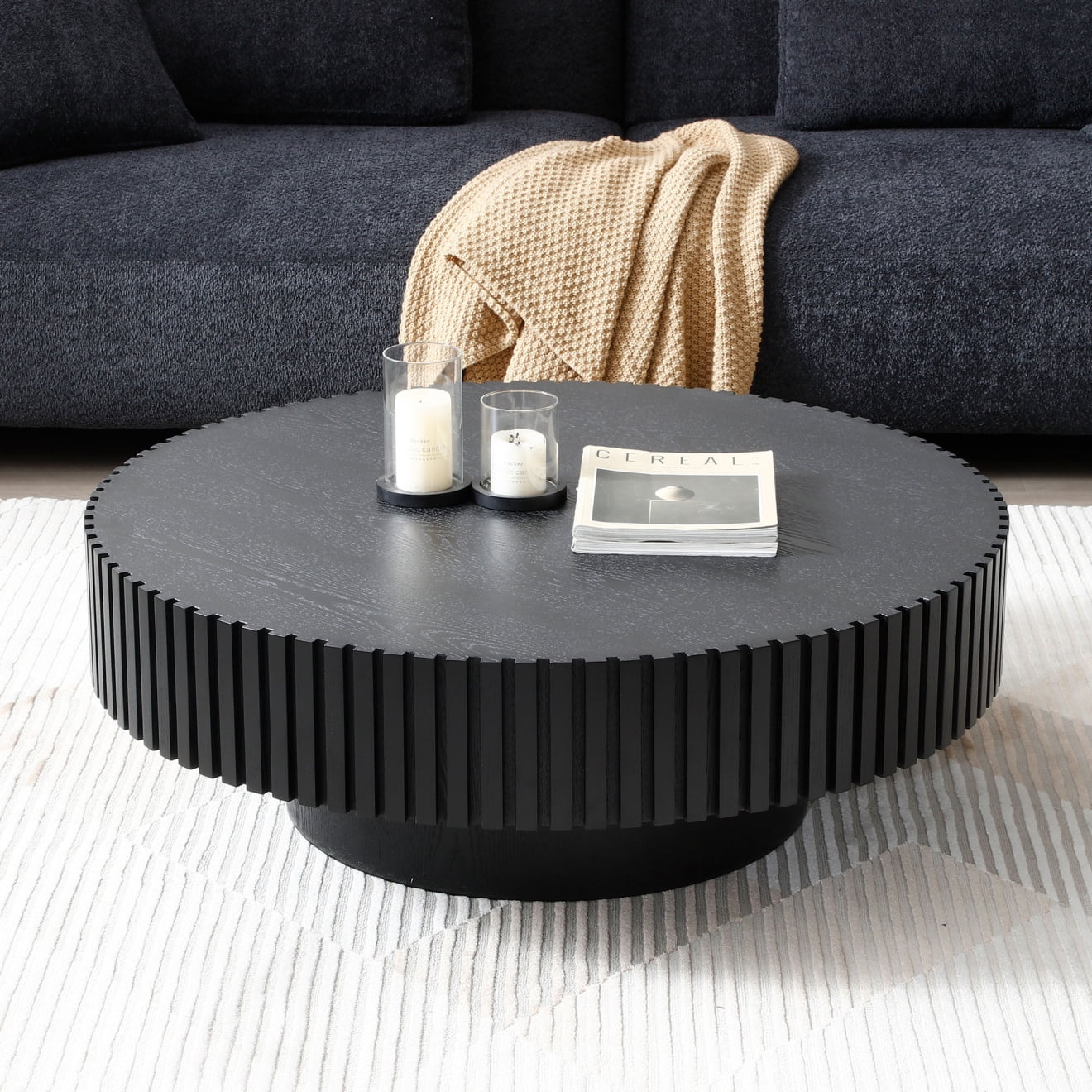 Modern Drum Fluted Coffee Table, 31.5" Round Solid Wood Veneer Design ...