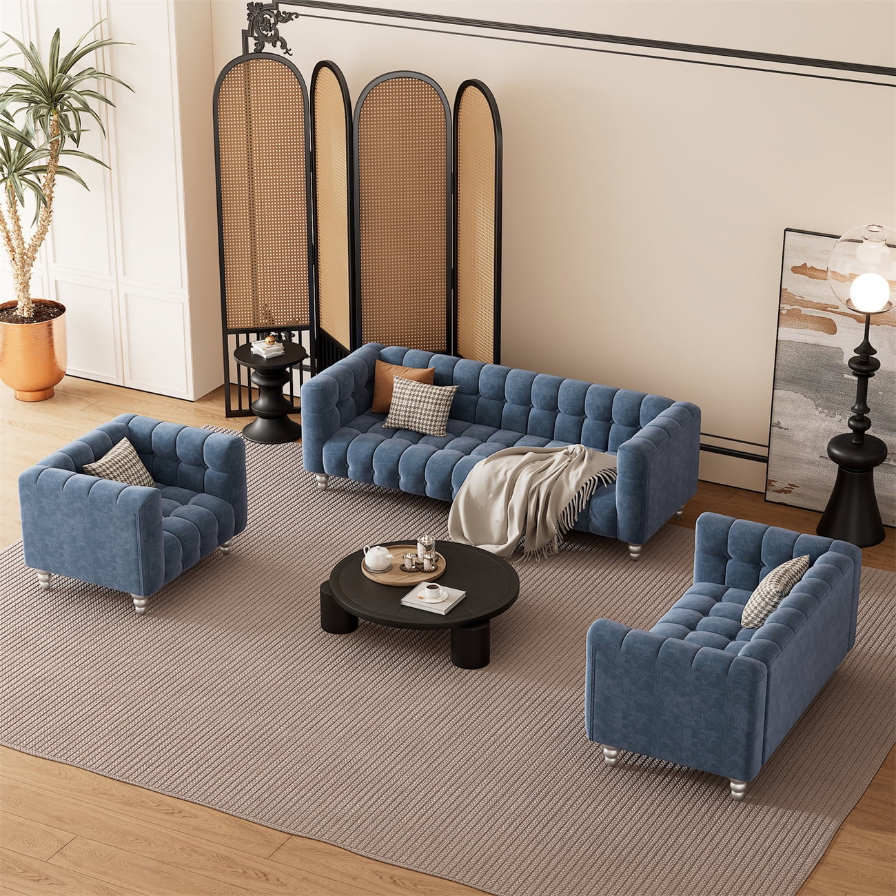 Modern Dutch Fluff Sofa Set of 3, Upholstered Sofa with Solid Wood Legs ...