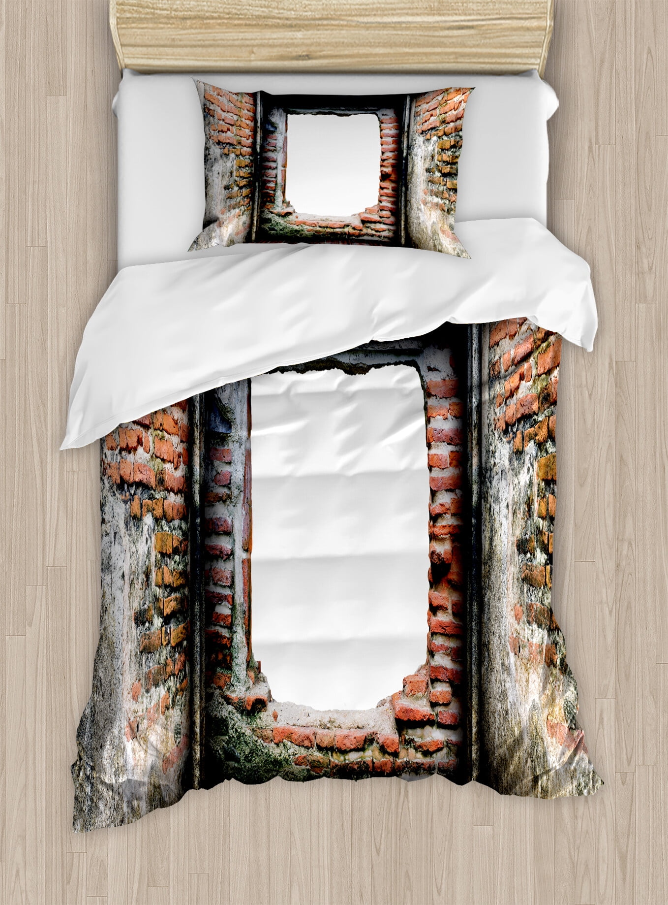 Modern Duvet Cover Set, Abondoned Grunge Old Torn Interior 4 Side Brick ...
