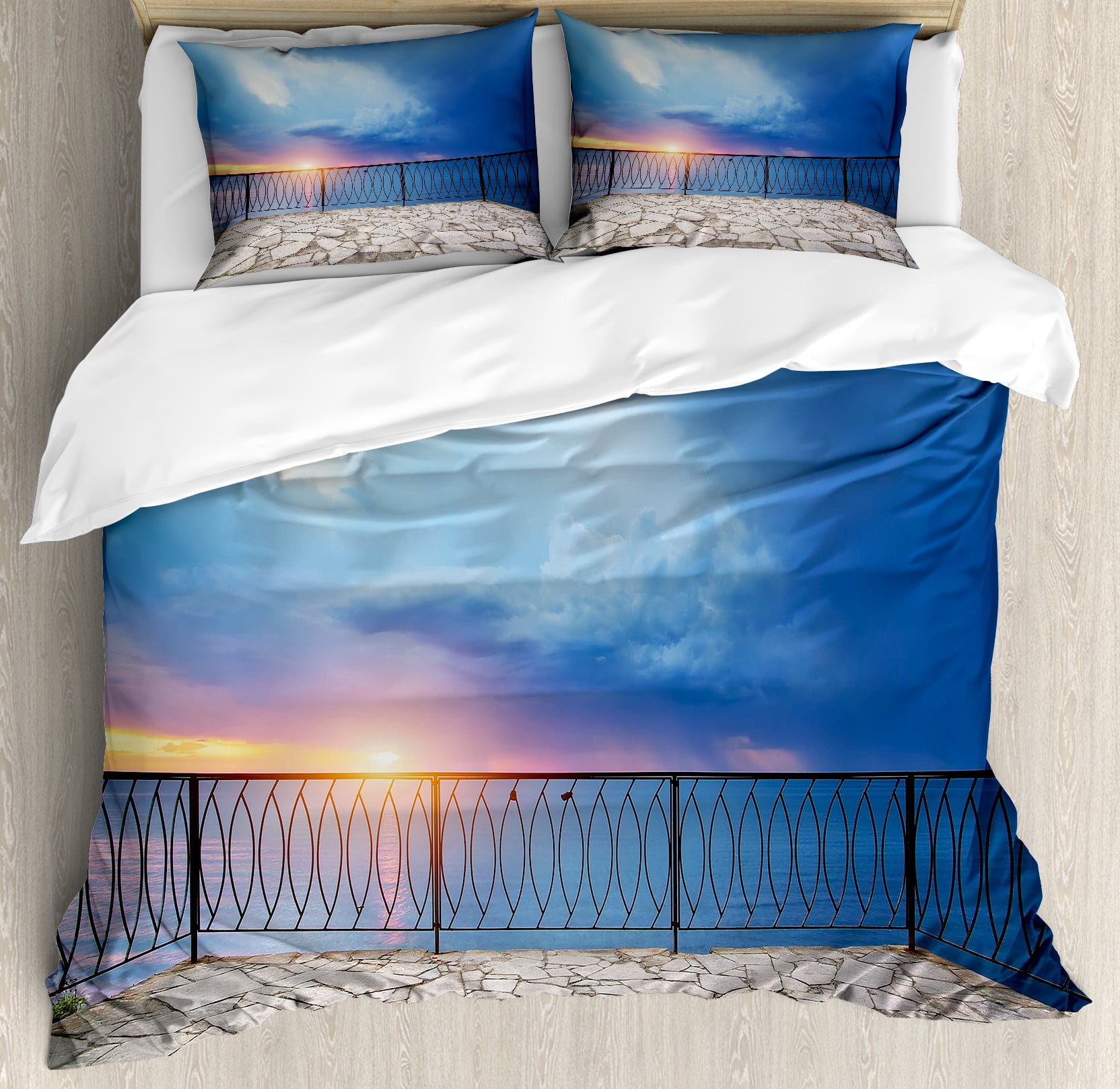 Modern Duvet Cover Set, Balcony View Landscape of Ocean Sea as Sunset ...
