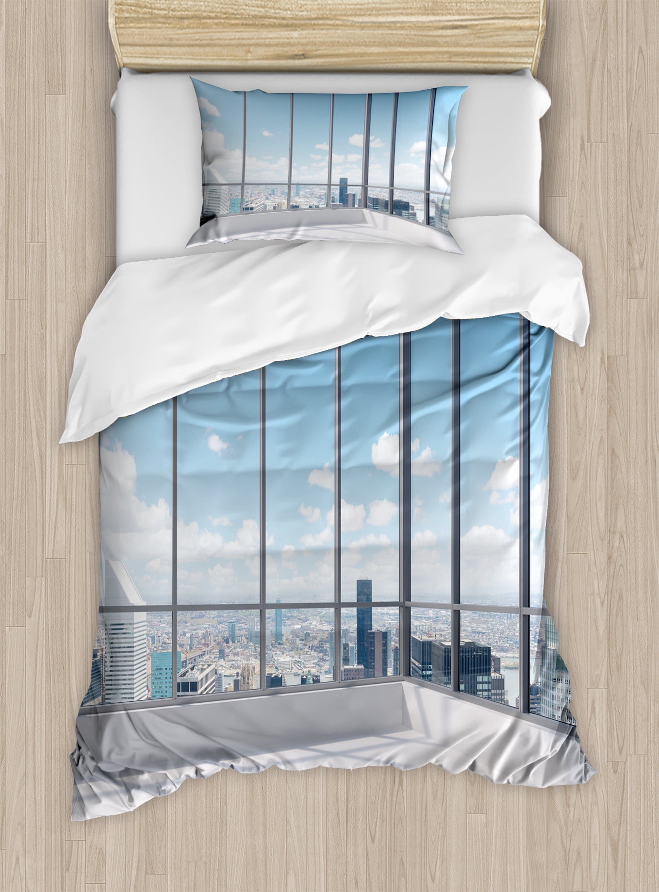 Modern Duvet Cover Set, Cityscape Office with Big Windows Clear Sunny ...