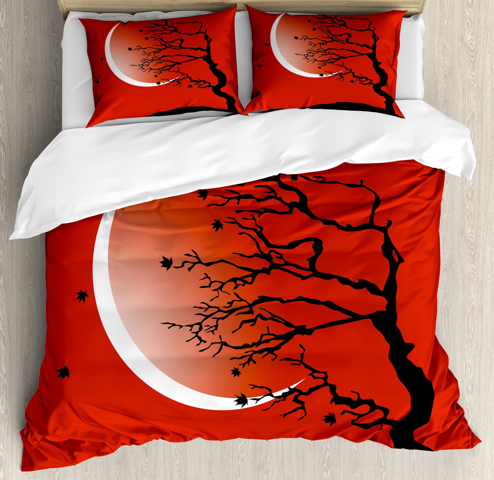 Modern Duvet Cover Set, Digital Nature Scene with Tree Windy Branches Crescent Moon and Stars ...