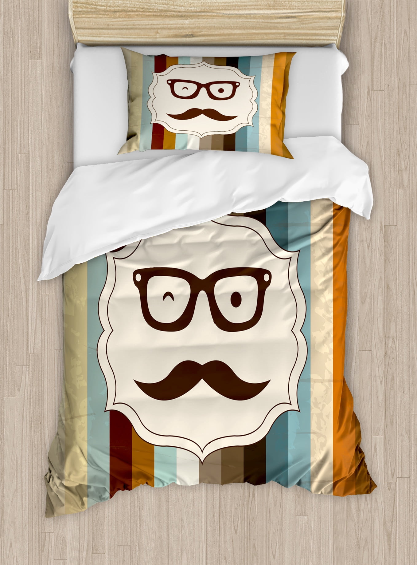 Modern Duvet Cover Set, Funny Man Face with Moustache and Glasses ...