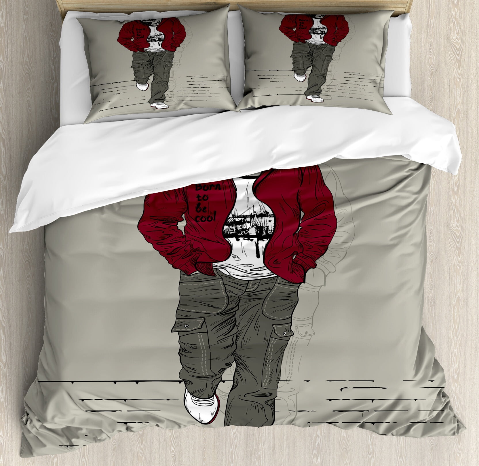 Modern Duvet Cover Set, Hipster Tiger in Sportswear Taking a Walk Adaptation to Urban City Theme ...
