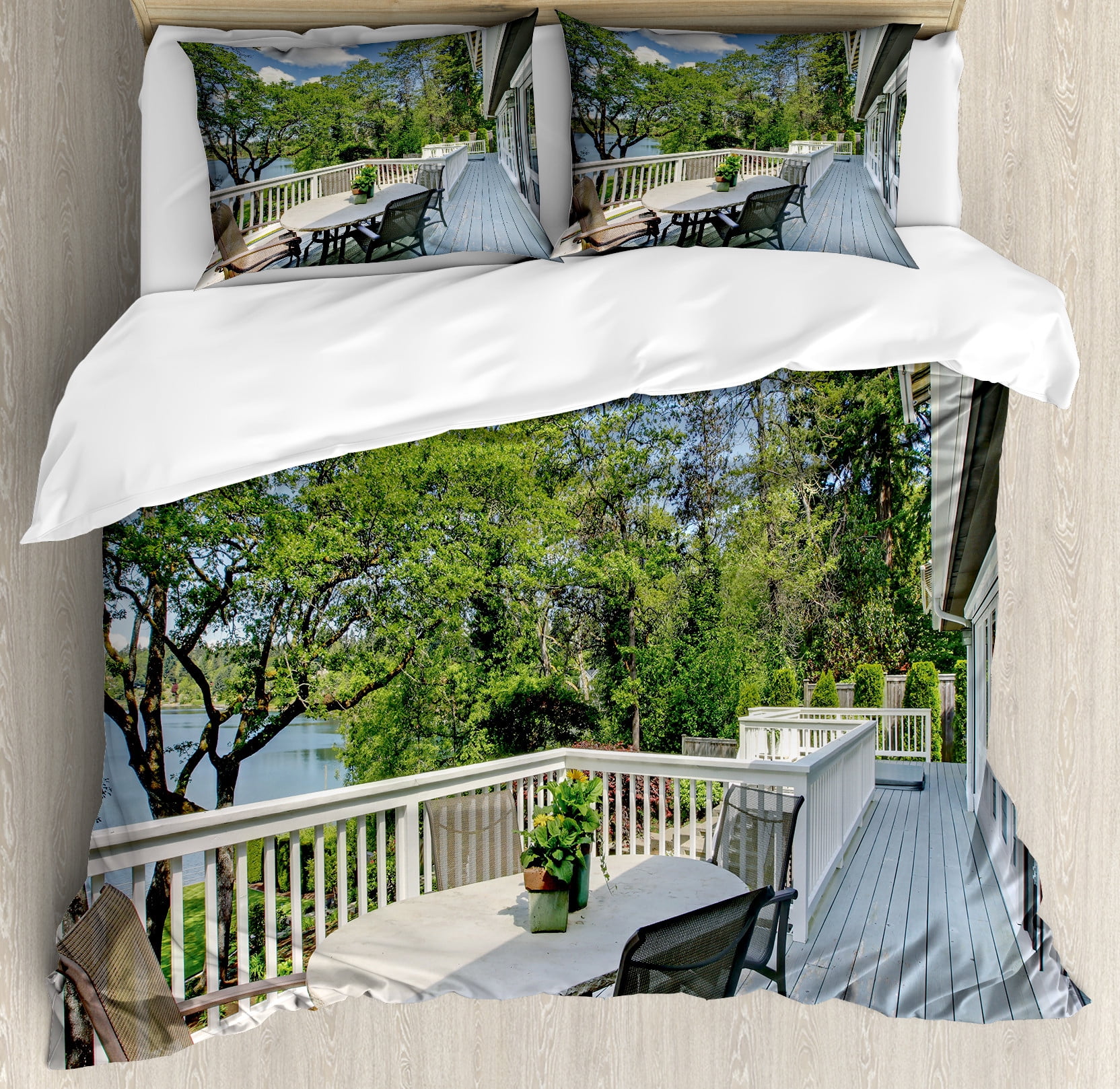 Modern Duvet Cover Set, Home Patio Balcony with Peaceful Woods in Clear ...