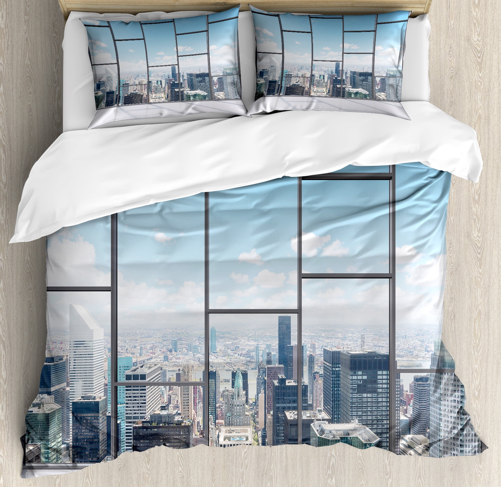 Modern Duvet Cover Set, Office with Big Wide Windows City Building ...