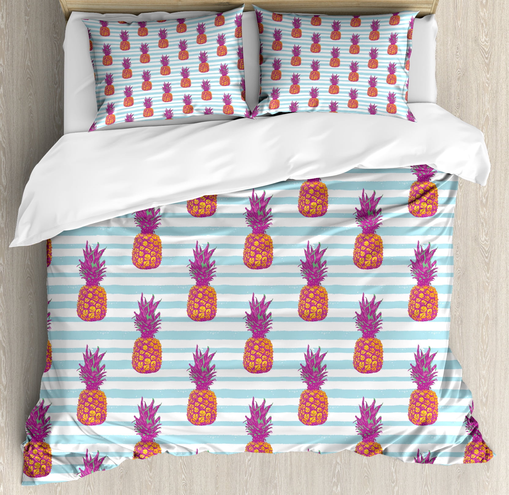 Modern Duvet Cover Set, Pop Art Themed Pineapple Illustration on Blue Stripes Retro Tones Print ...