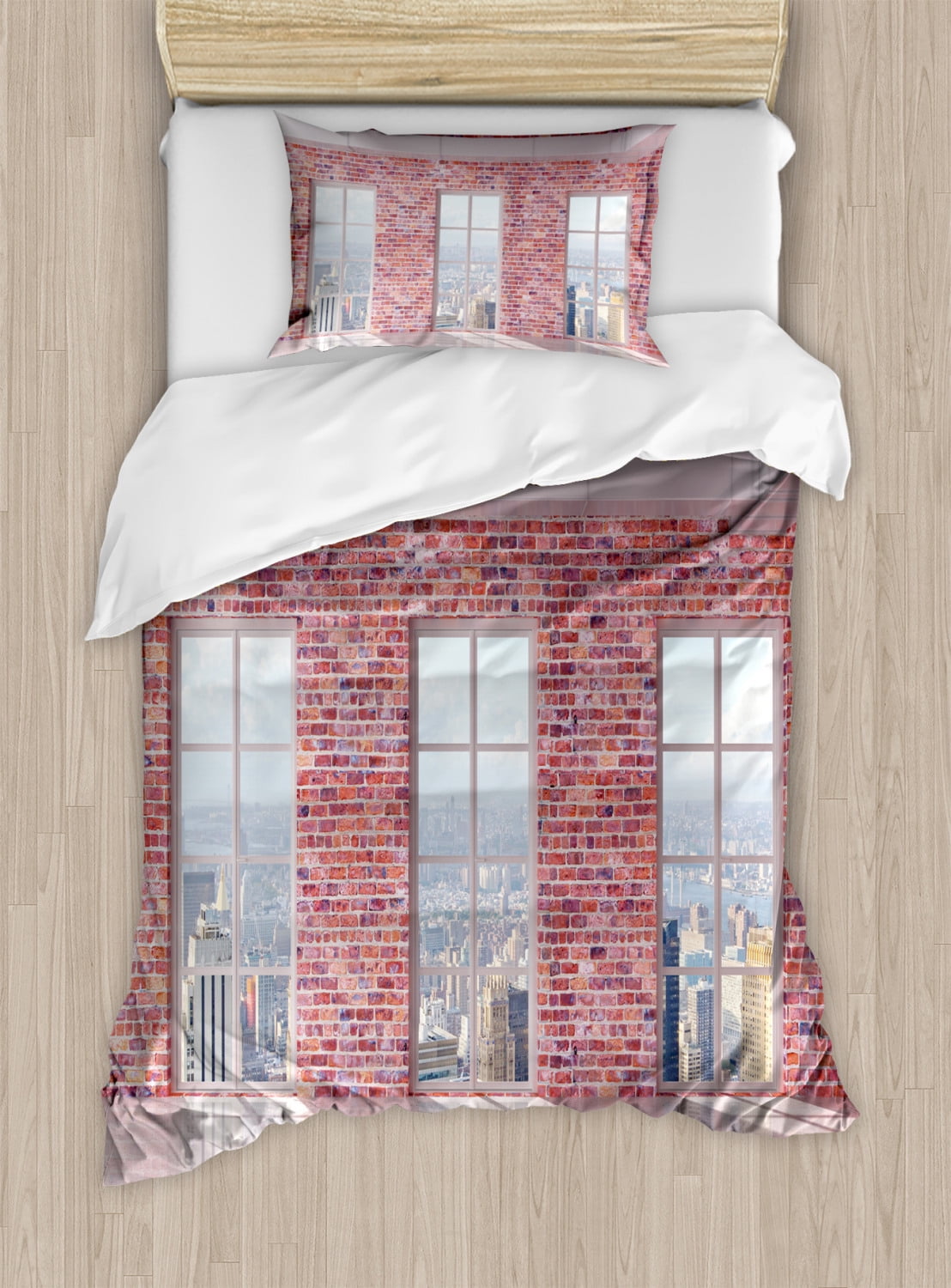 Modern Duvet Cover Set Twin Size, Red Brick Wall Loft Interior with ...