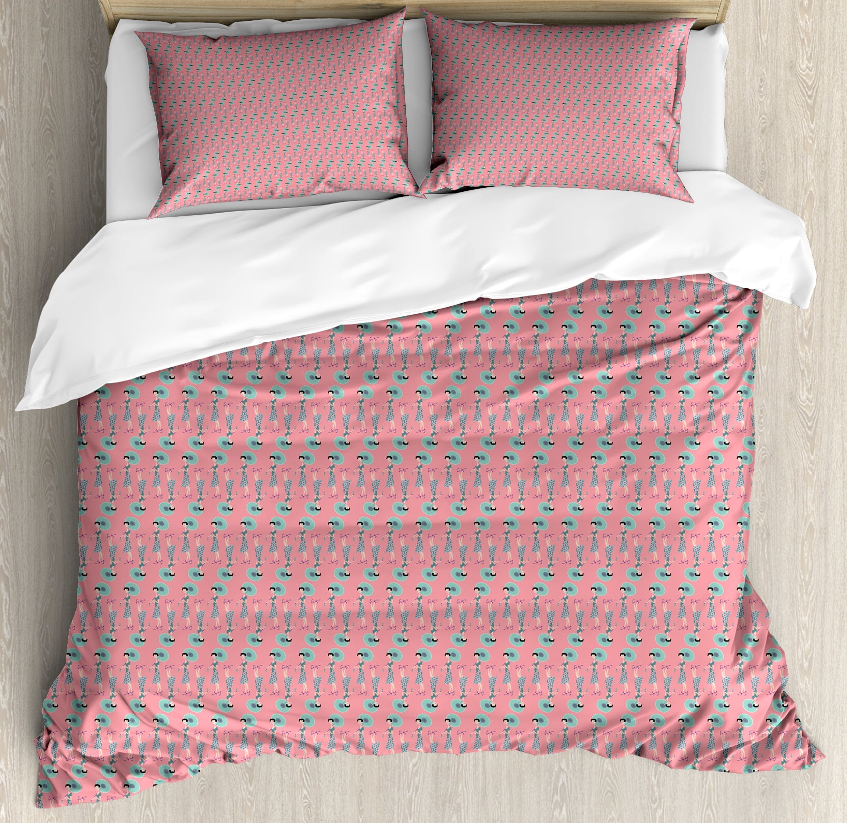 Modern Duvet Cover Set, Urban Girl in Retro Fashion Clothes Holding ...