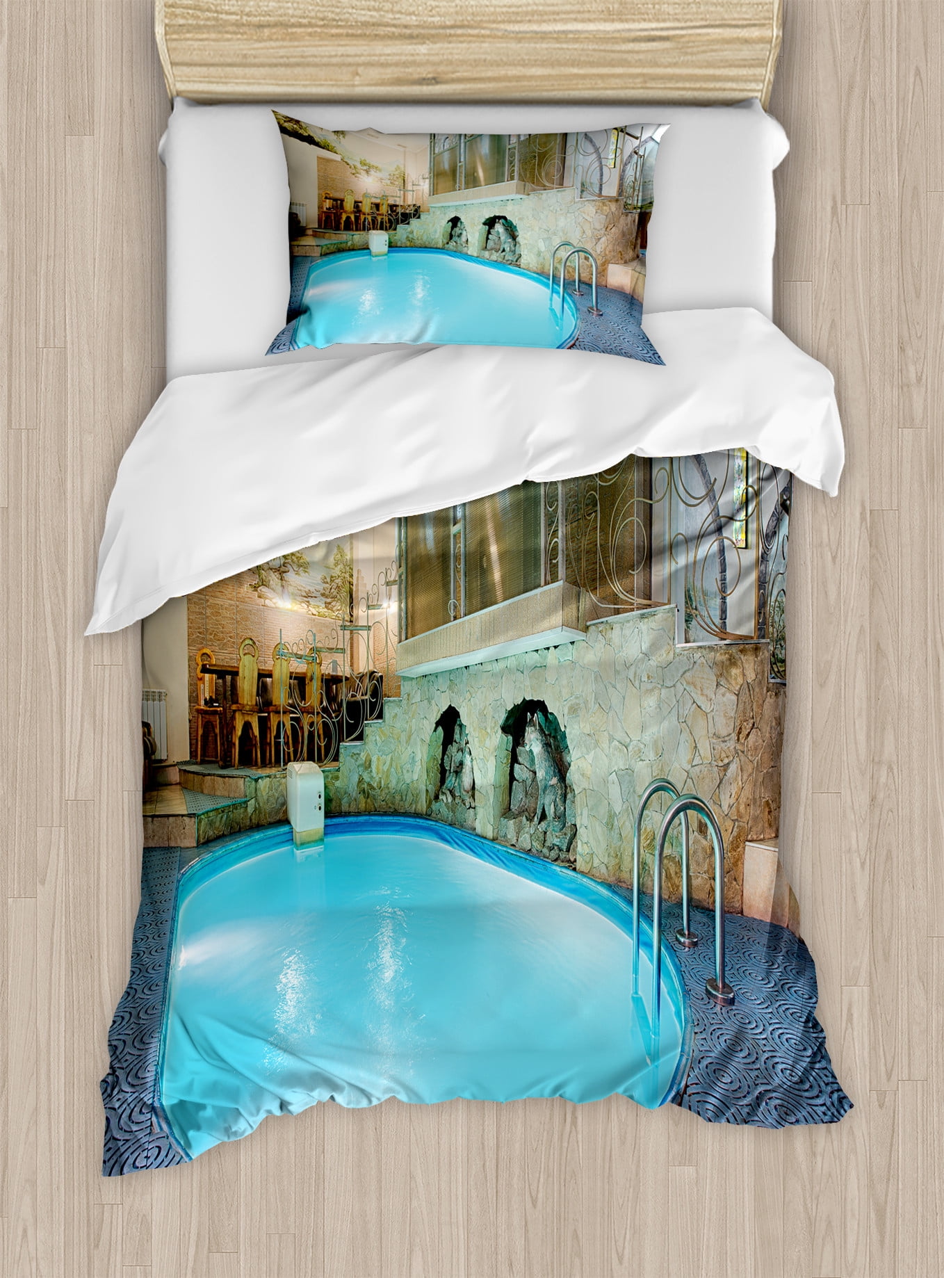 Modern Duvet Cover Set, Vivid Blue Swimming Pool in Spa Interior Resort ...