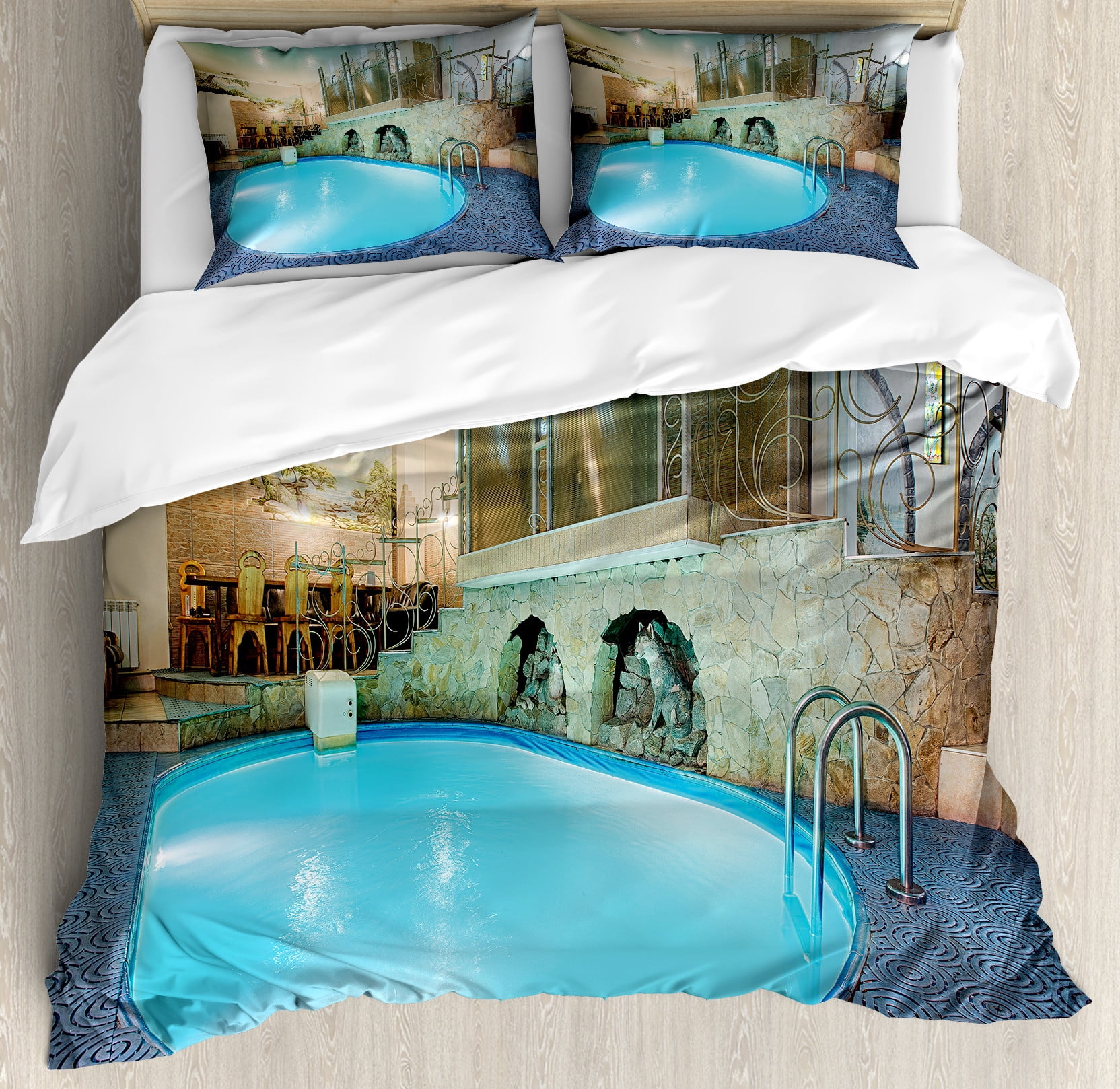 Modern Duvet Cover Set, Vivid Blue Swimming Pool in Spa Interior Resort ...