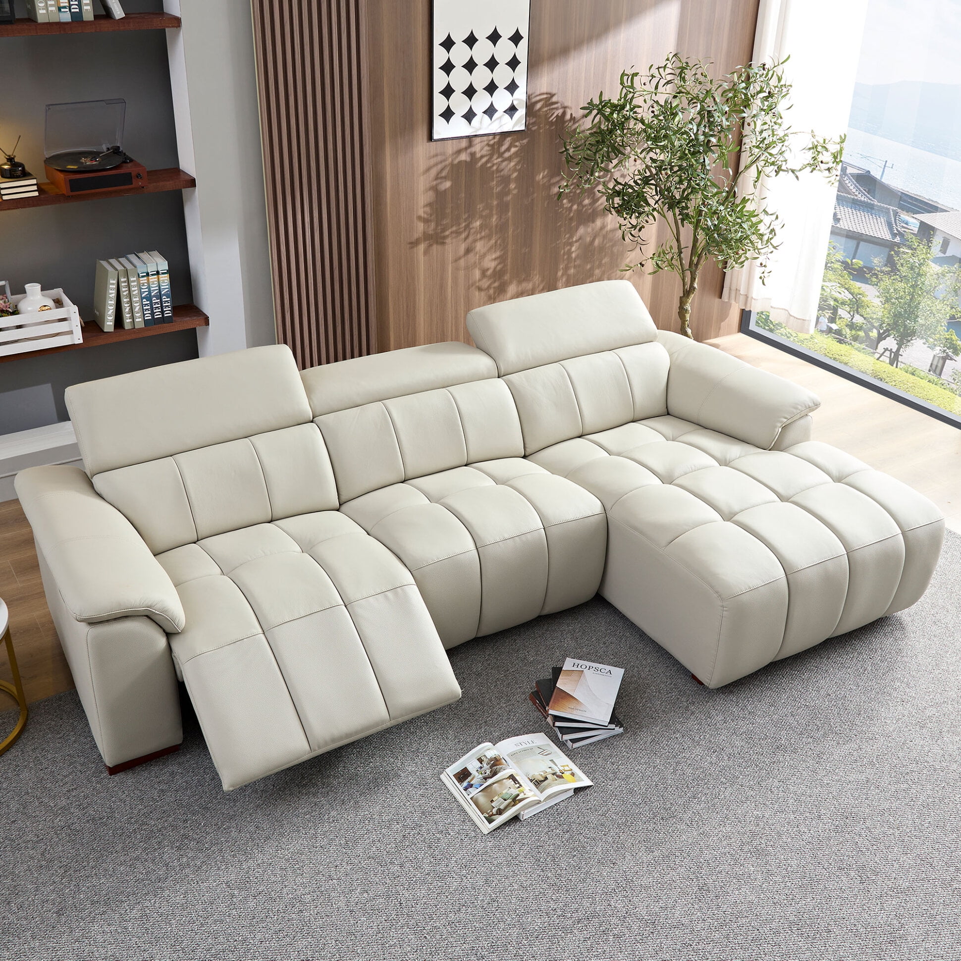 Modern Electric Control Genuine Leather Sofa Couch, L Shaped Couch with ...