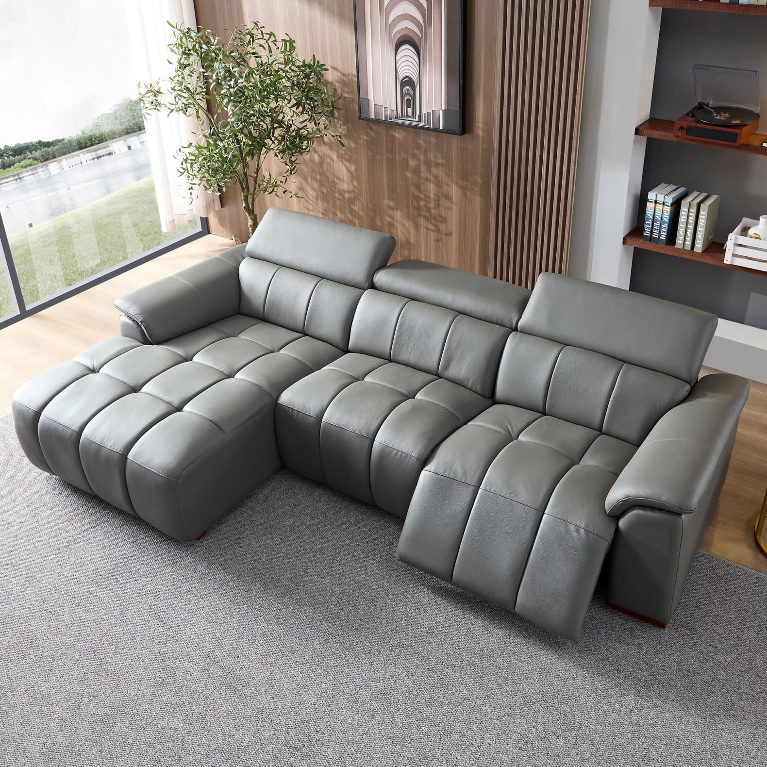Modern Electric Control Genuine Leather Sofa Couch, L Shaped Couch with ...