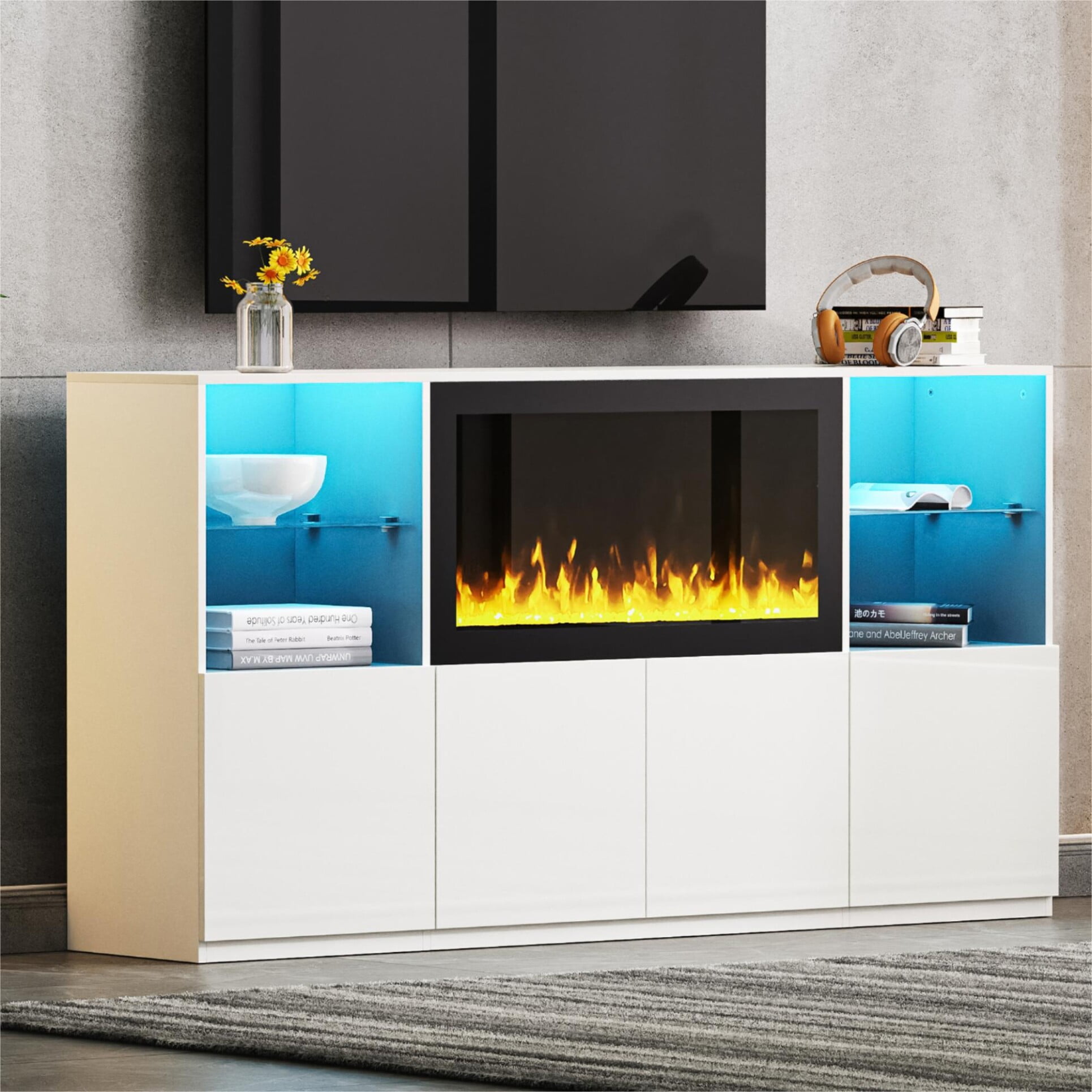 Modern Electric Fireplace TV Stand with LED Lighting & Tempered Glass ...