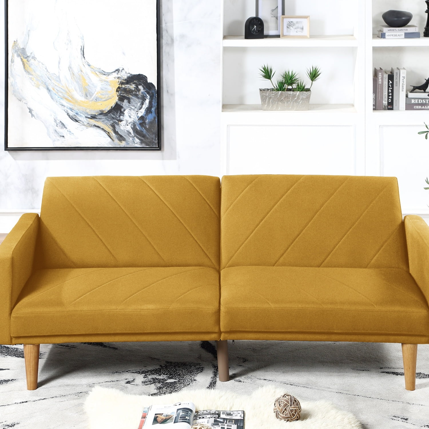 Modern Electric Look 1pc Convertible Sofa Couch Mustard Color Linen ...