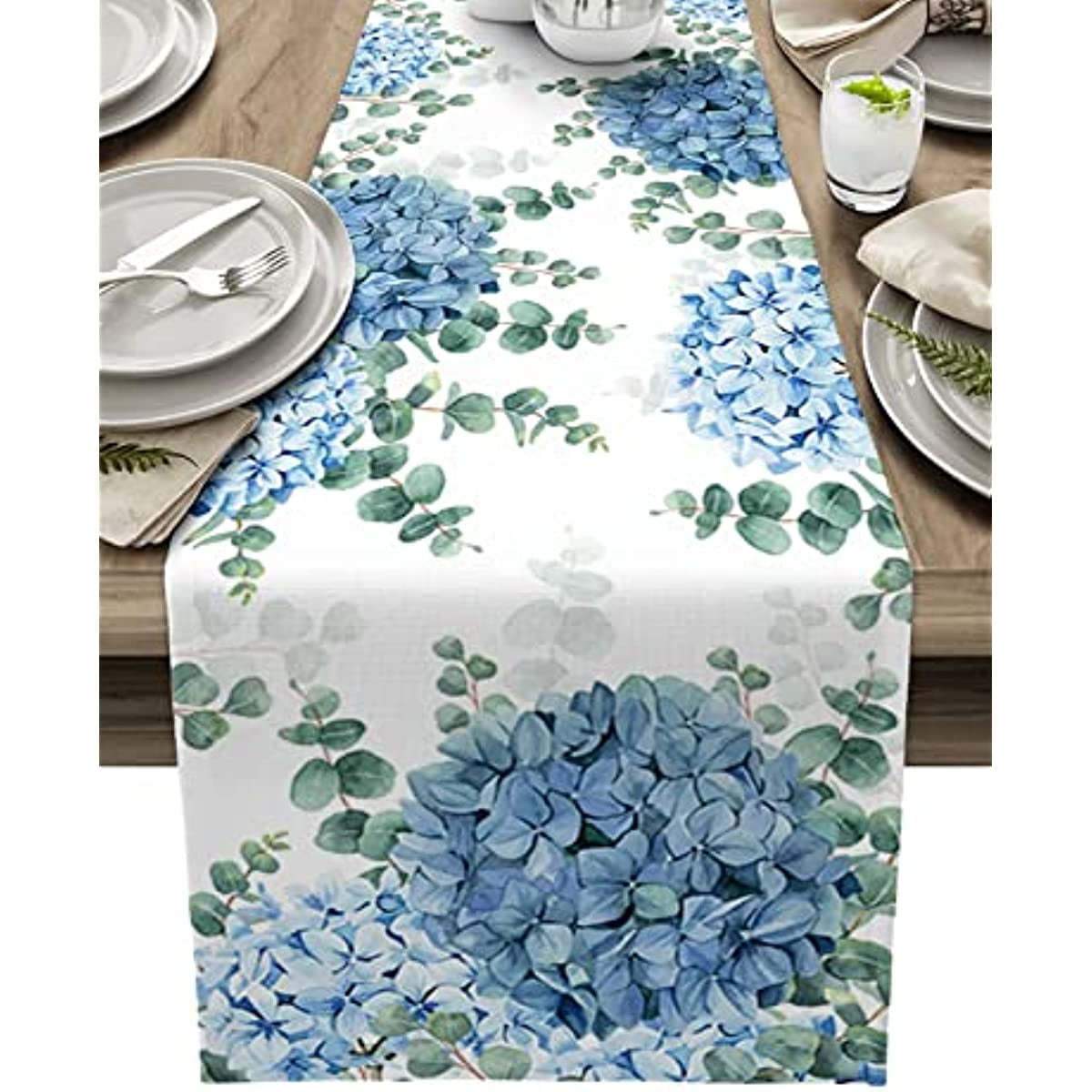 Modern Elegant Eucalyptus Hydrangea Linen Table Runners Wedding ration ...