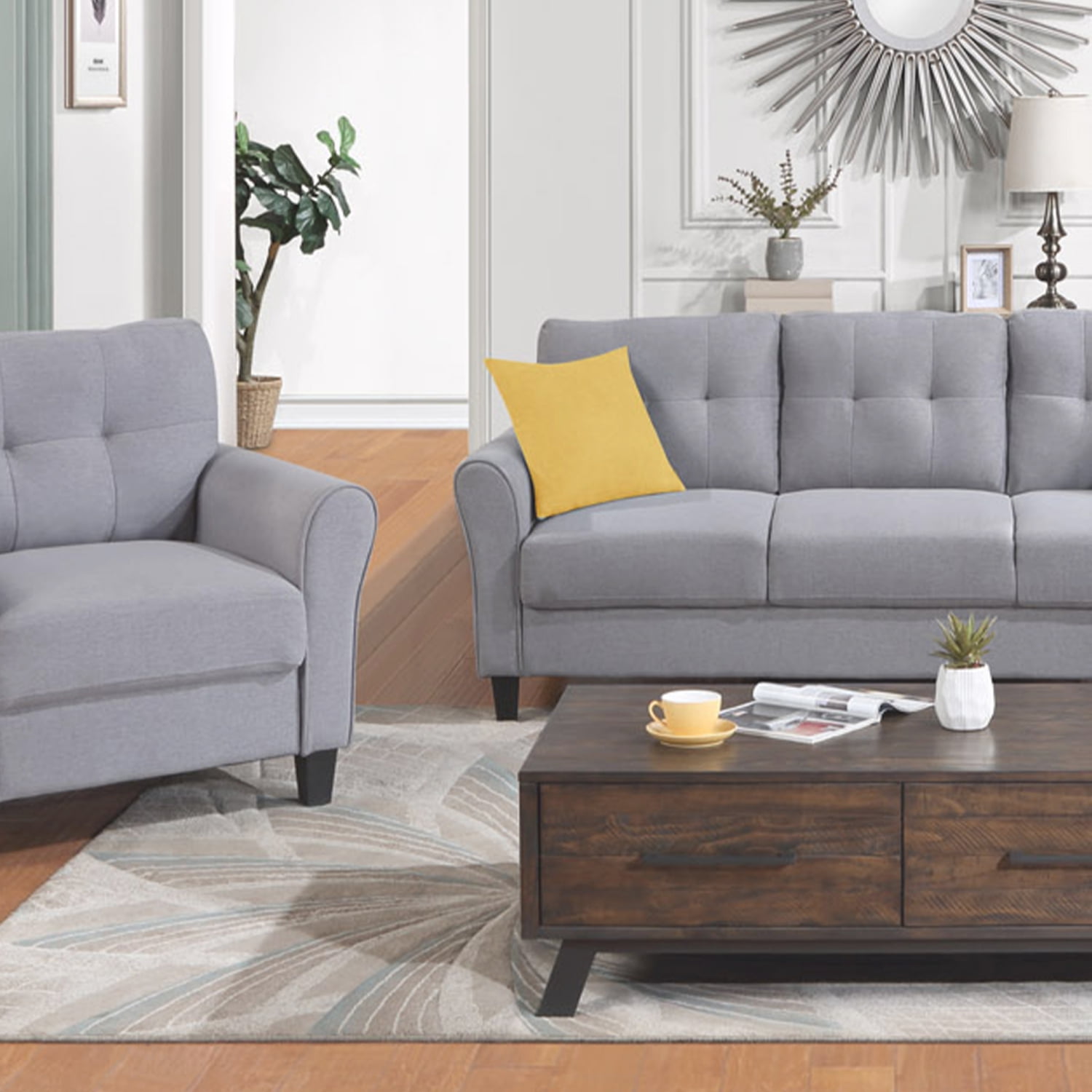Modern Elegant Light Grey-Blue Linen Upholstered Living Room Sofa Set ...