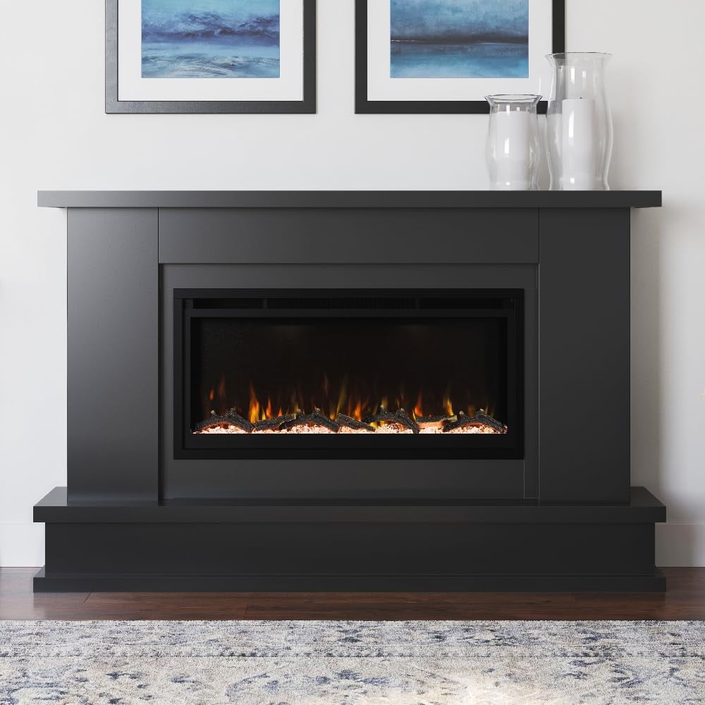 Modern Ember Patton 64" Black Mantel Electric Fireplace Package, 42 ...