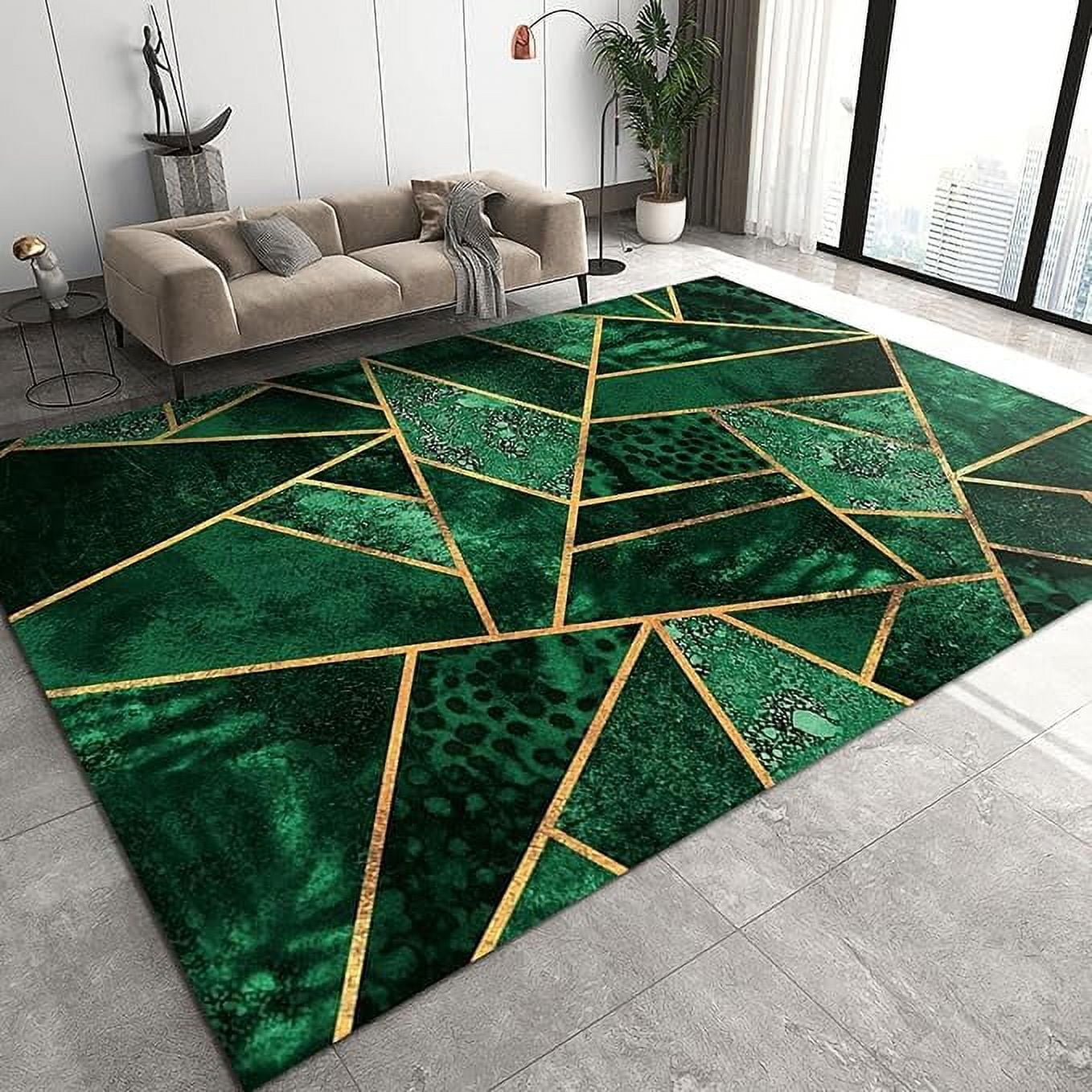 Modern Emerald Green Area Rug For Living Room, Luxury Green Gold ...