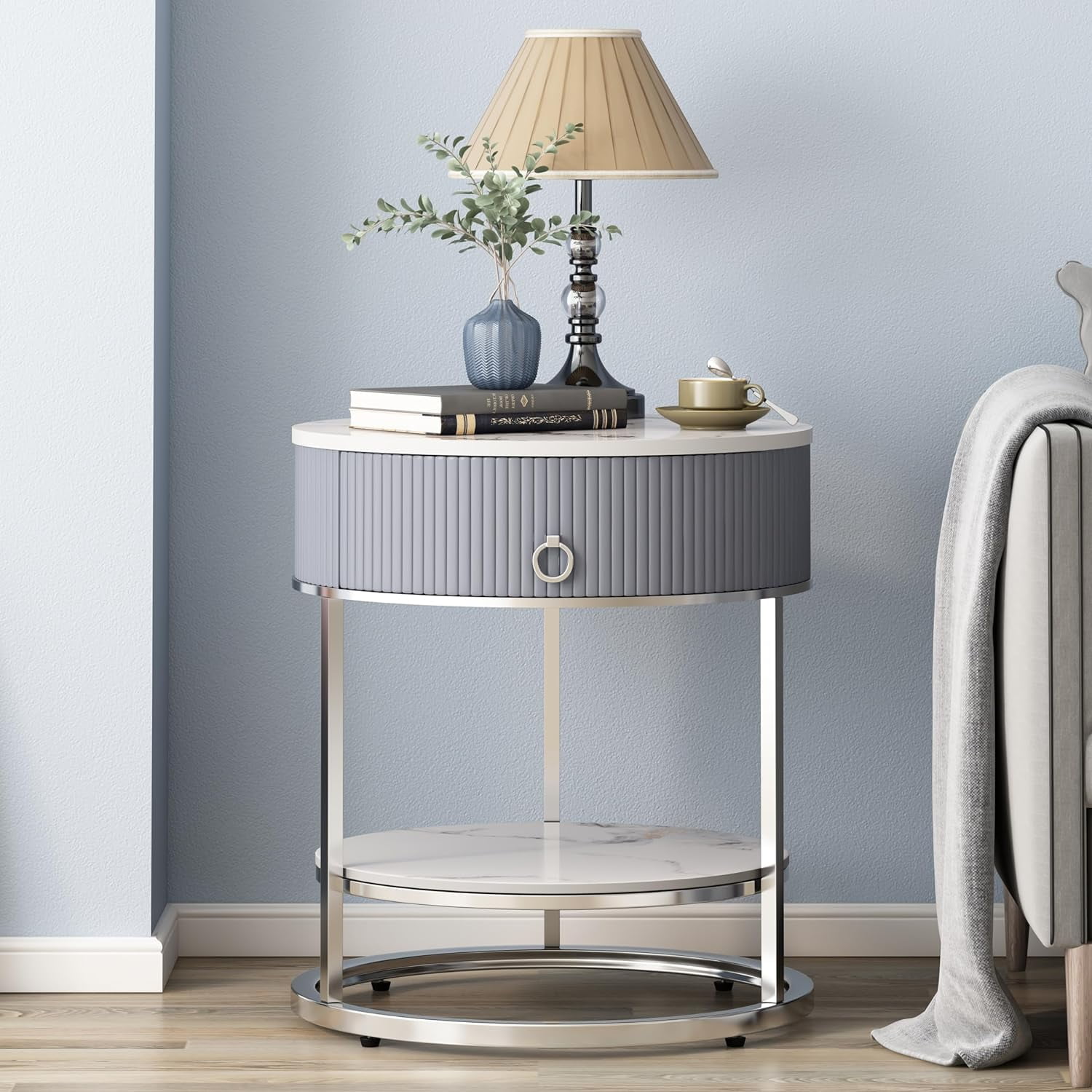Modern End Table with Drawer, 2 Tier Side Table with Shelf, Round ...