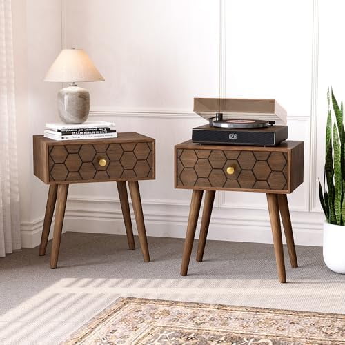 Modern End Table with Drawer Set of 2, Bedside Tables w Honeycomb ...