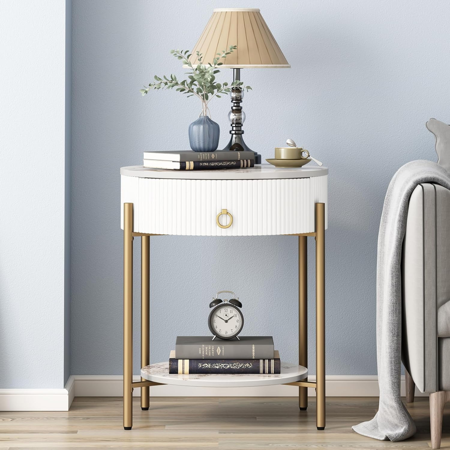Modern End Table with Storage Drawer, Round 2-Tier Nightstand with ...