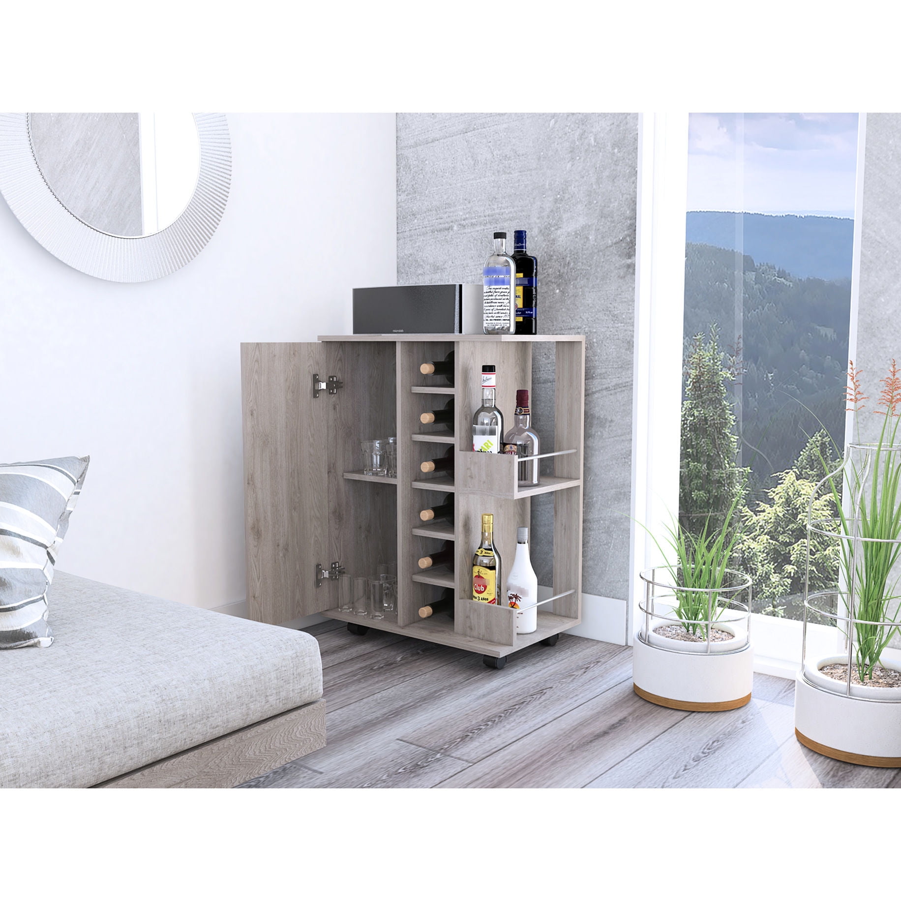 Modern Engineered Wood Bar Cart Light Gray 6 Cubbies for Home Living ...