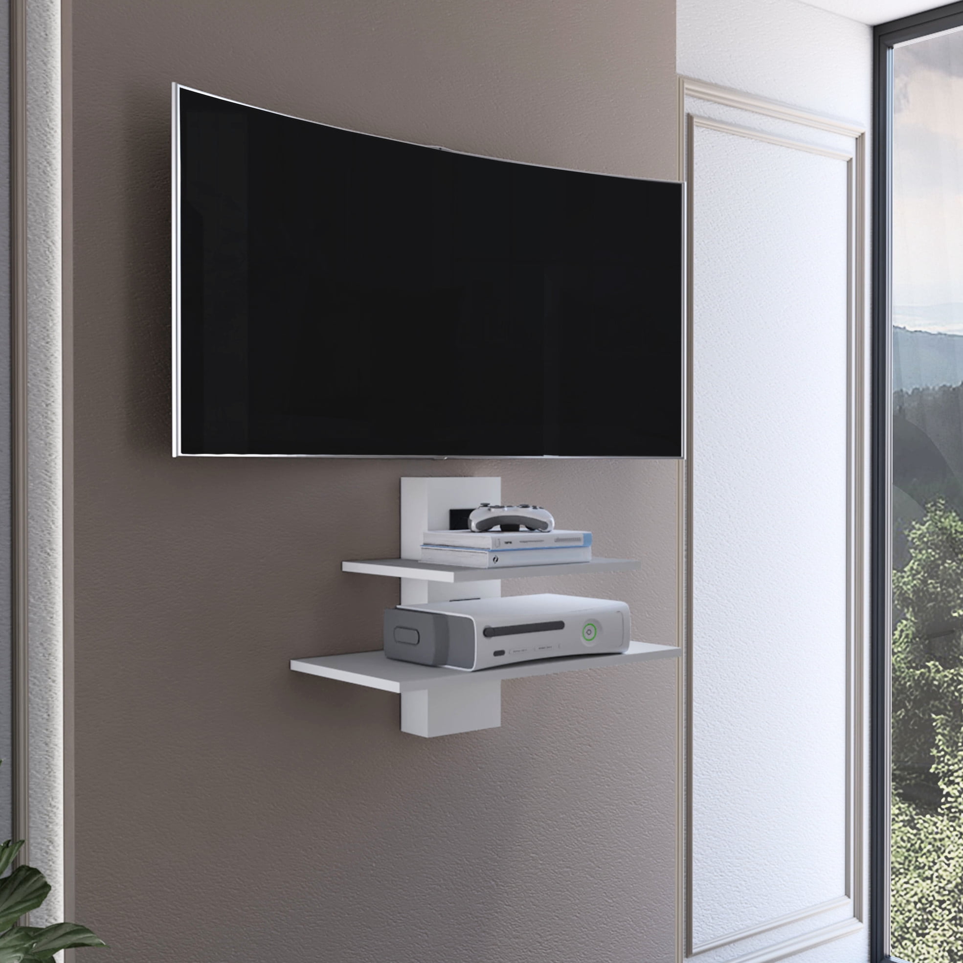 Modern Engineered Wood Shelf Wall Unit, 2 Tier, White - Cable Managed ...