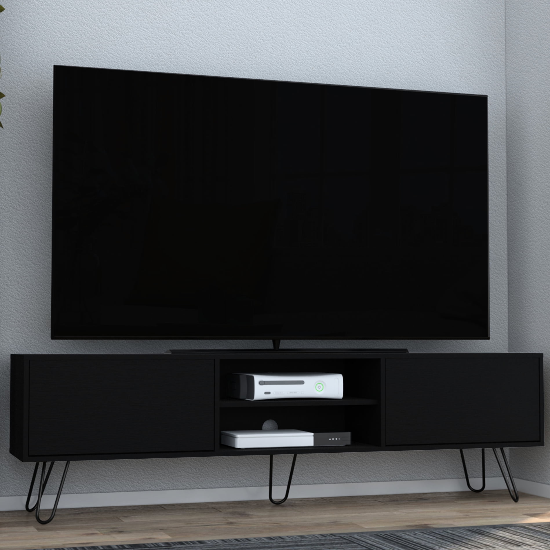 Modern Entertainment Unit For 55" Tv, Black With Hinged Storage Drawers ...