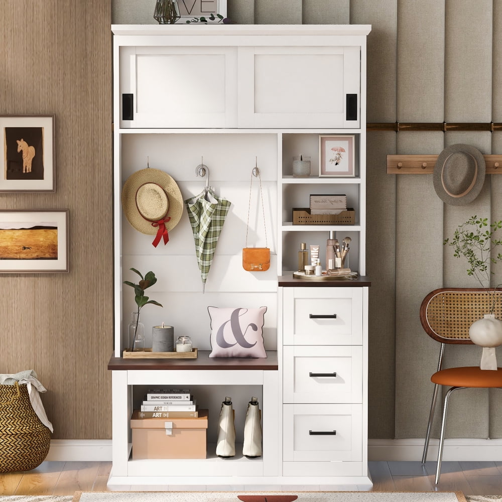 Modern Entryway Bench with Coat Rack, 3 Shelves and Drawers, 3 Sturdy ...