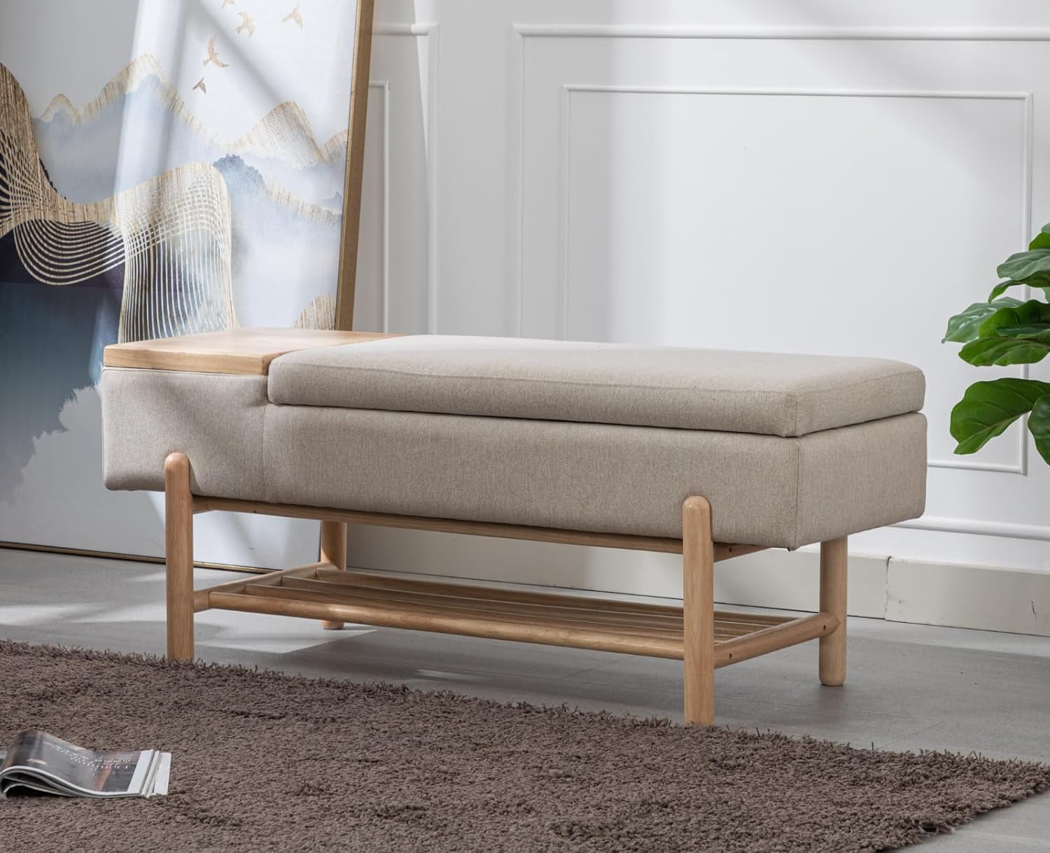 Modern Entryway Bench Upholstered Flip-Top Shoe Storage Bench Linen ...