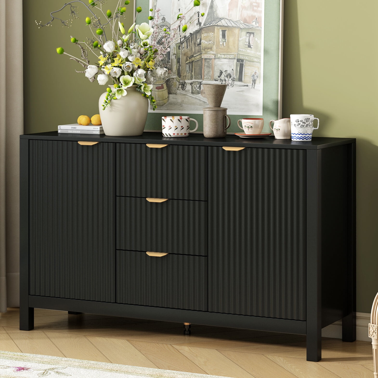 Modern Entryway Cabinet with Wave Design, Aluminum Handles, 3 ...